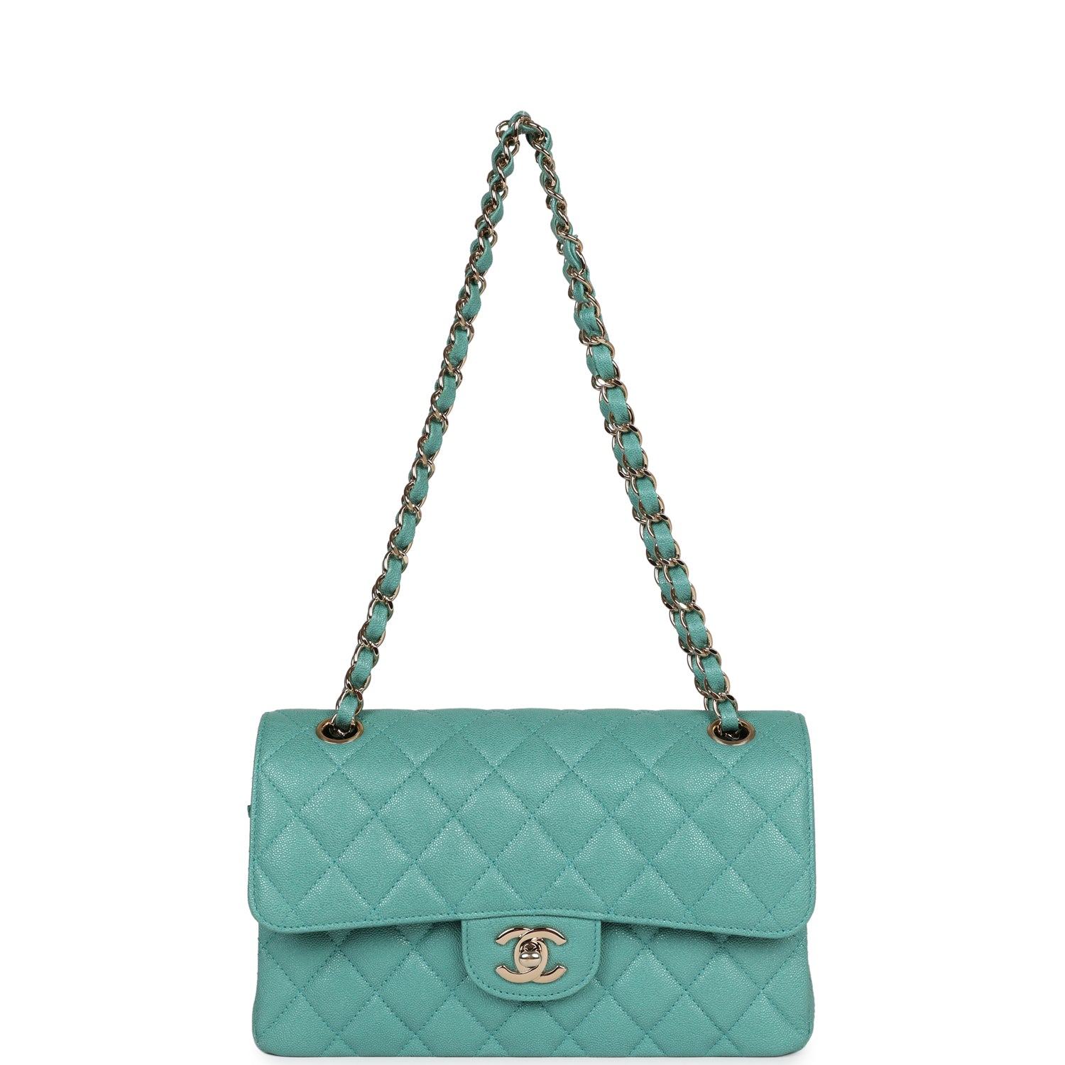 Chanel Small Classic Double Flap Turquoise Iridescent Caviar Light Gol