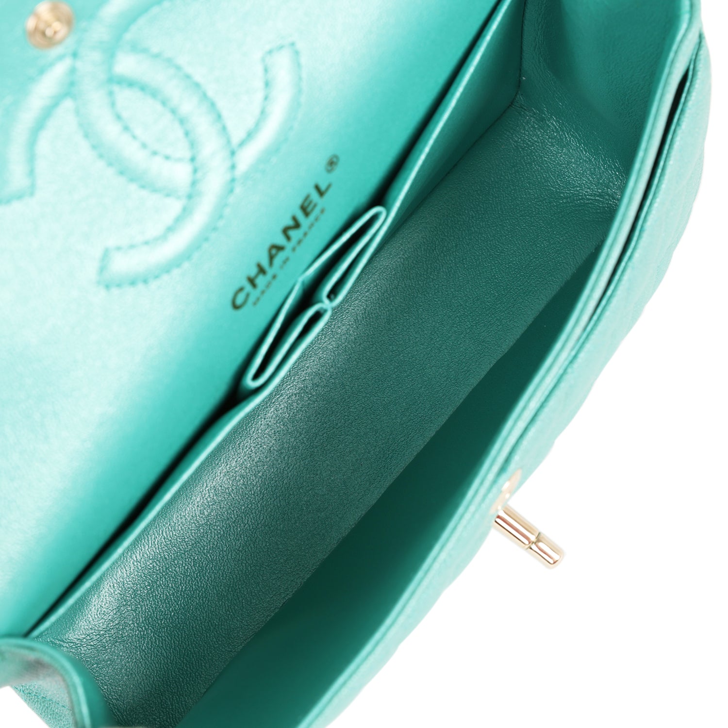 Chanel Small Classic Double Flap Turquoise Iridescent Caviar Light Gol