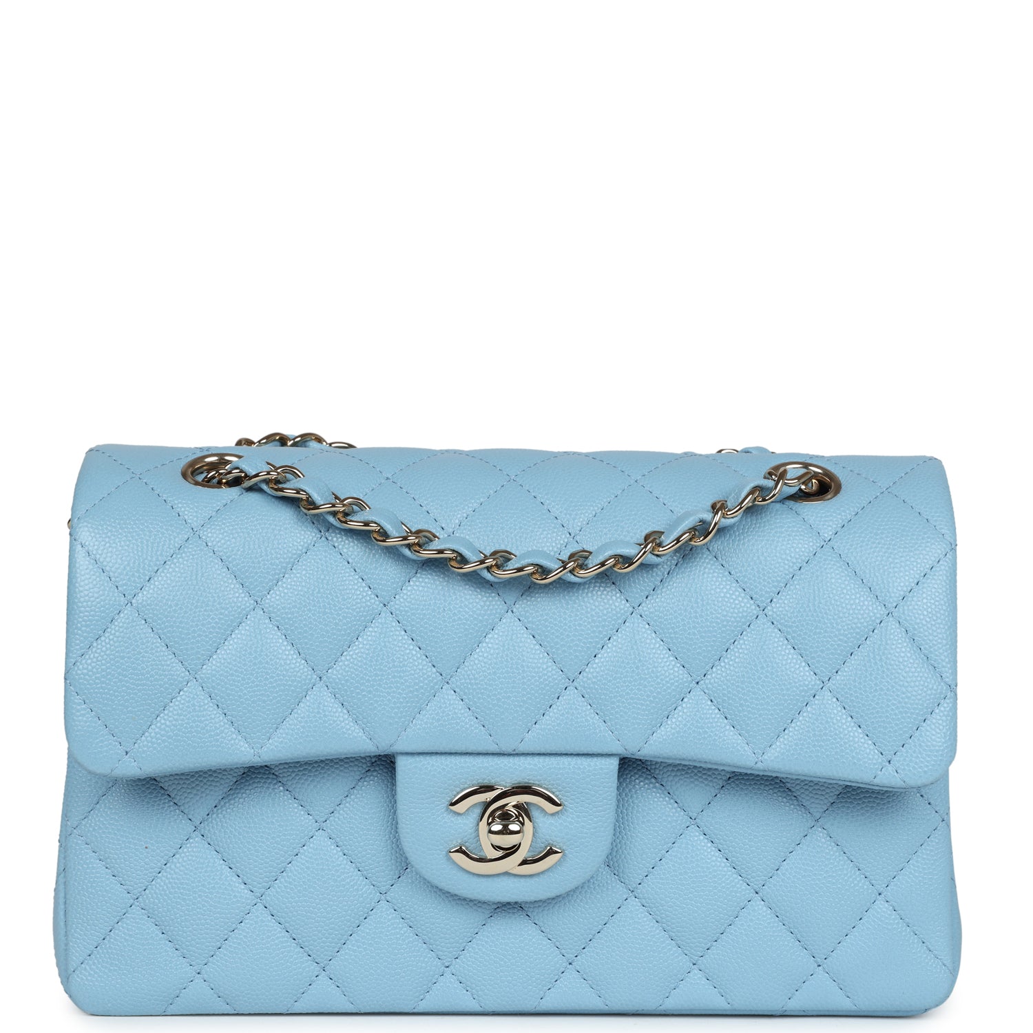 Chanel Small Classic Double Flap Bag Light Blue Caviar Light Gold Hard