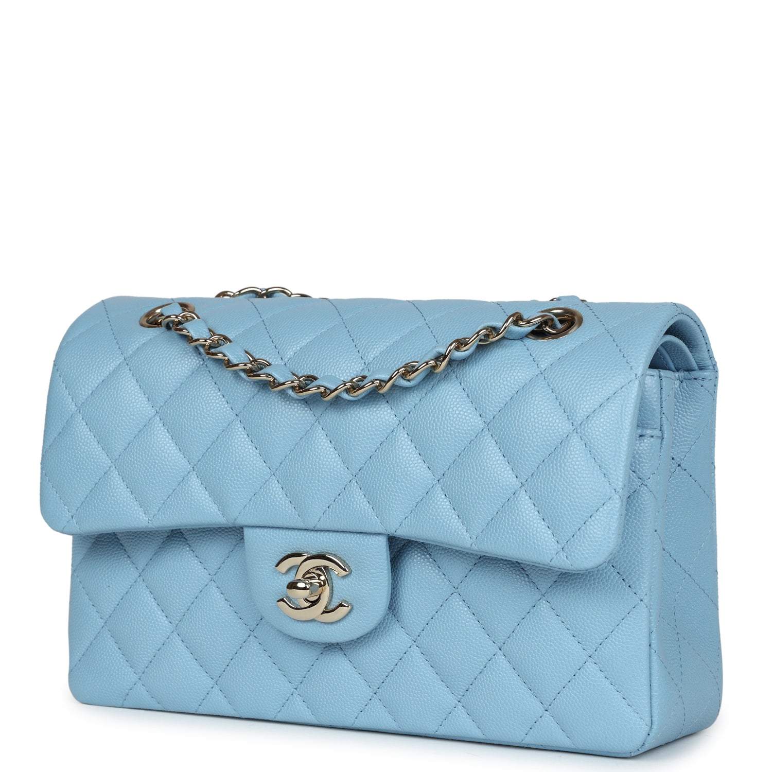 Chanel Small Classic Double Flap Bag Light Blue Caviar Light Gold Hard