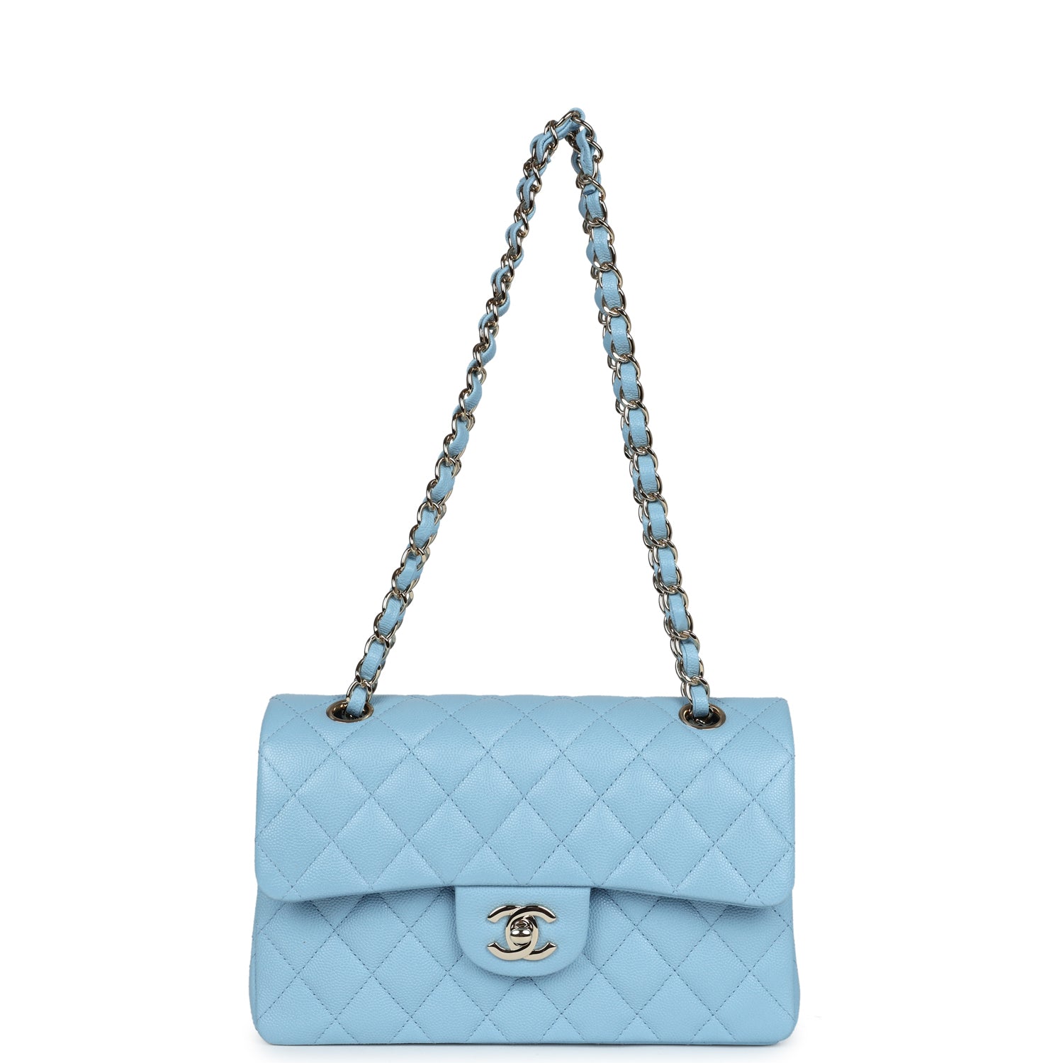 Chanel Small Classic Double Flap Bag Light Blue Caviar Light Gold Hard