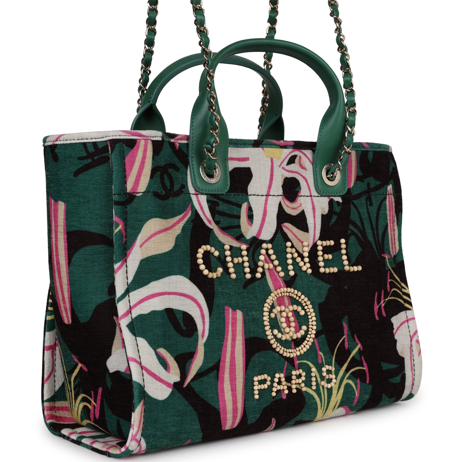 Chanel Small Deauville Shopping Tote Green and Pink Tropical Floral Ve