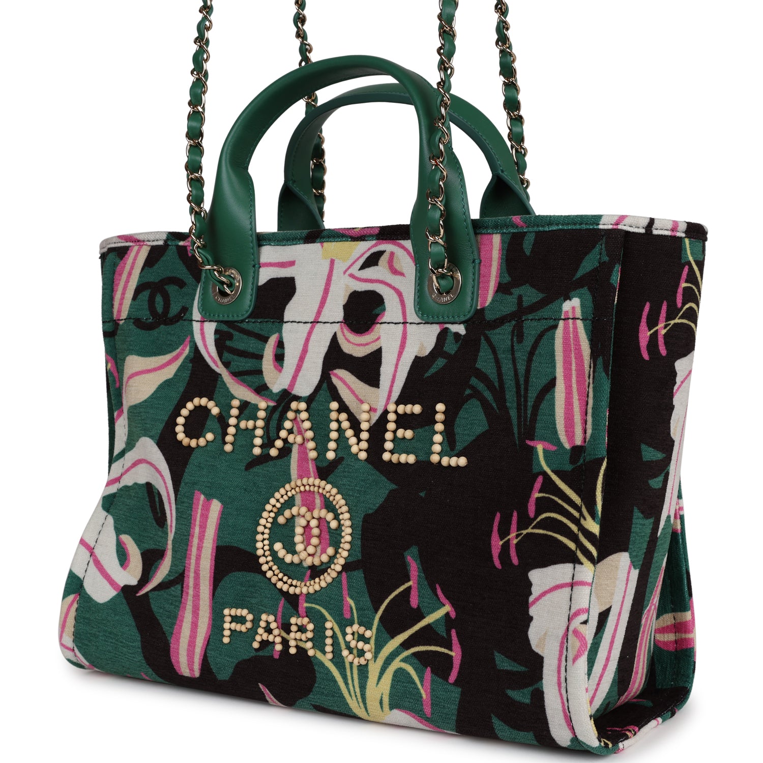 Chanel Small Deauville Shopping Tote Green and Pink Tropical Floral Ve