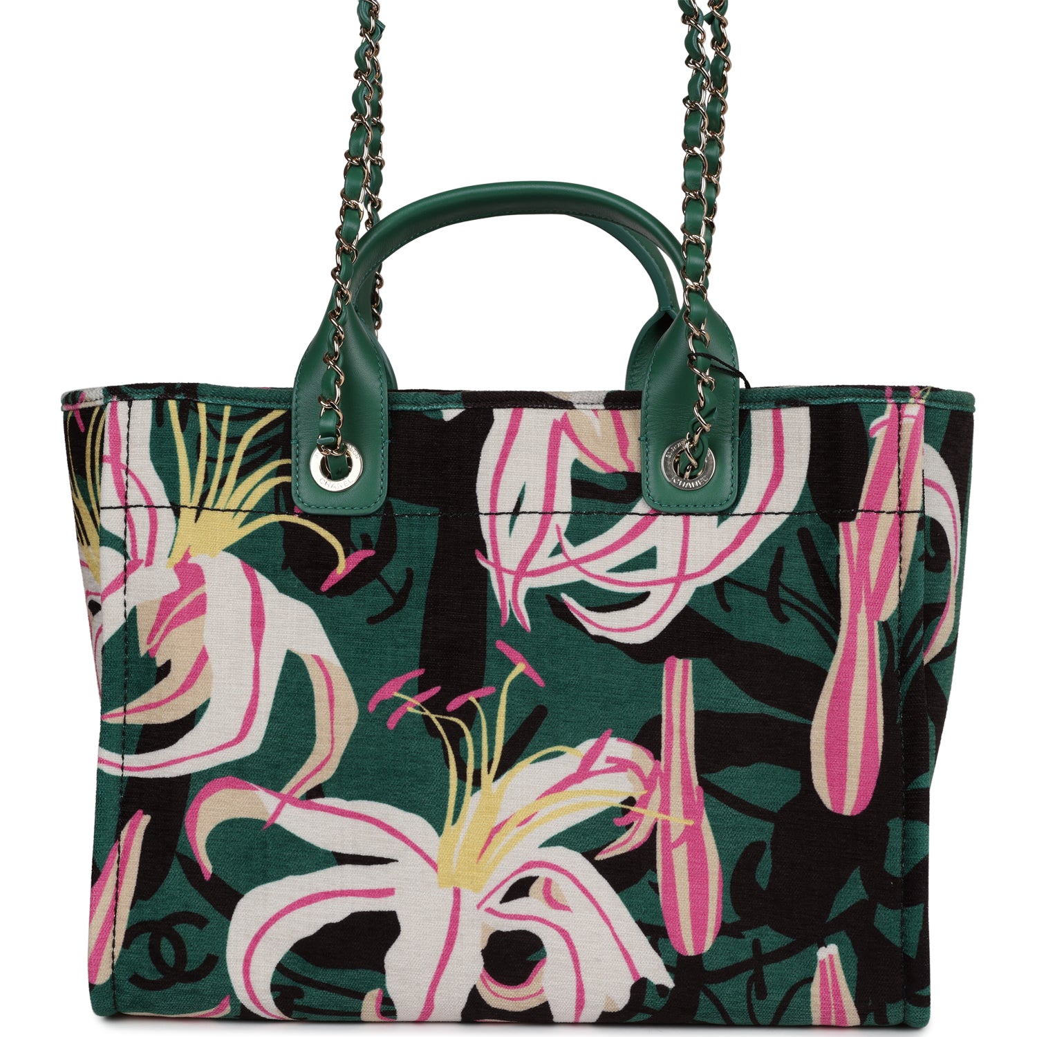 Chanel Small Deauville Shopping Tote Green and Pink Tropical Floral Ve