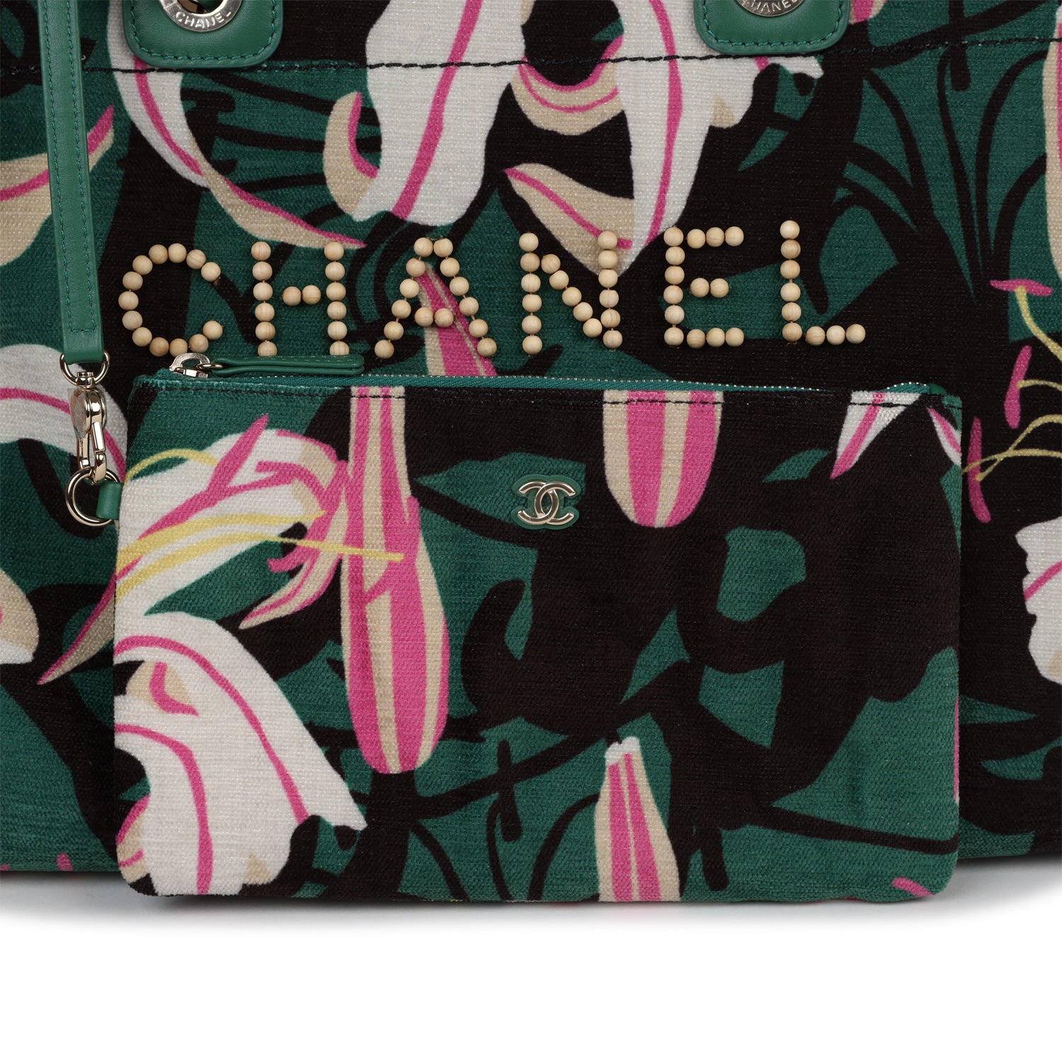 Chanel Small Deauville Shopping Tote Green and Pink Tropical Floral Ve