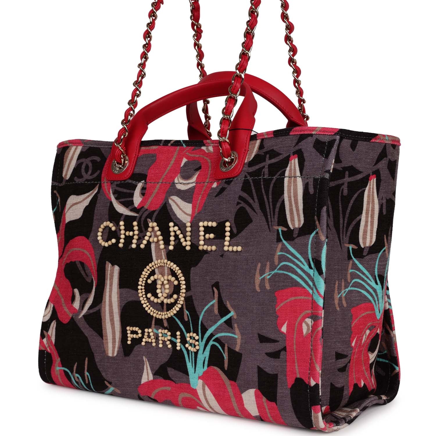 Chanel Medium Deauville Shopping Tote Grey and Pink Tropical Floral Ve