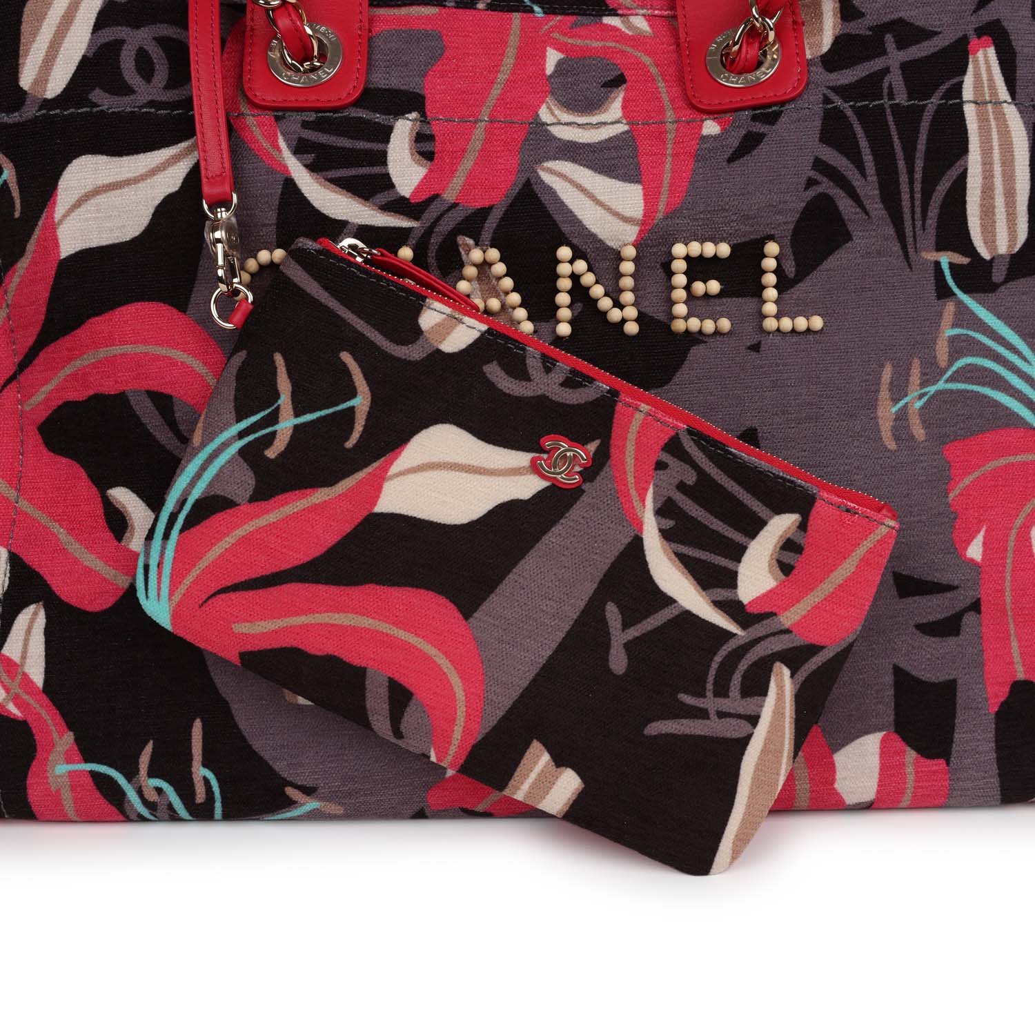 Chanel Medium Deauville Shopping Tote Grey and Pink Tropical Floral Ve