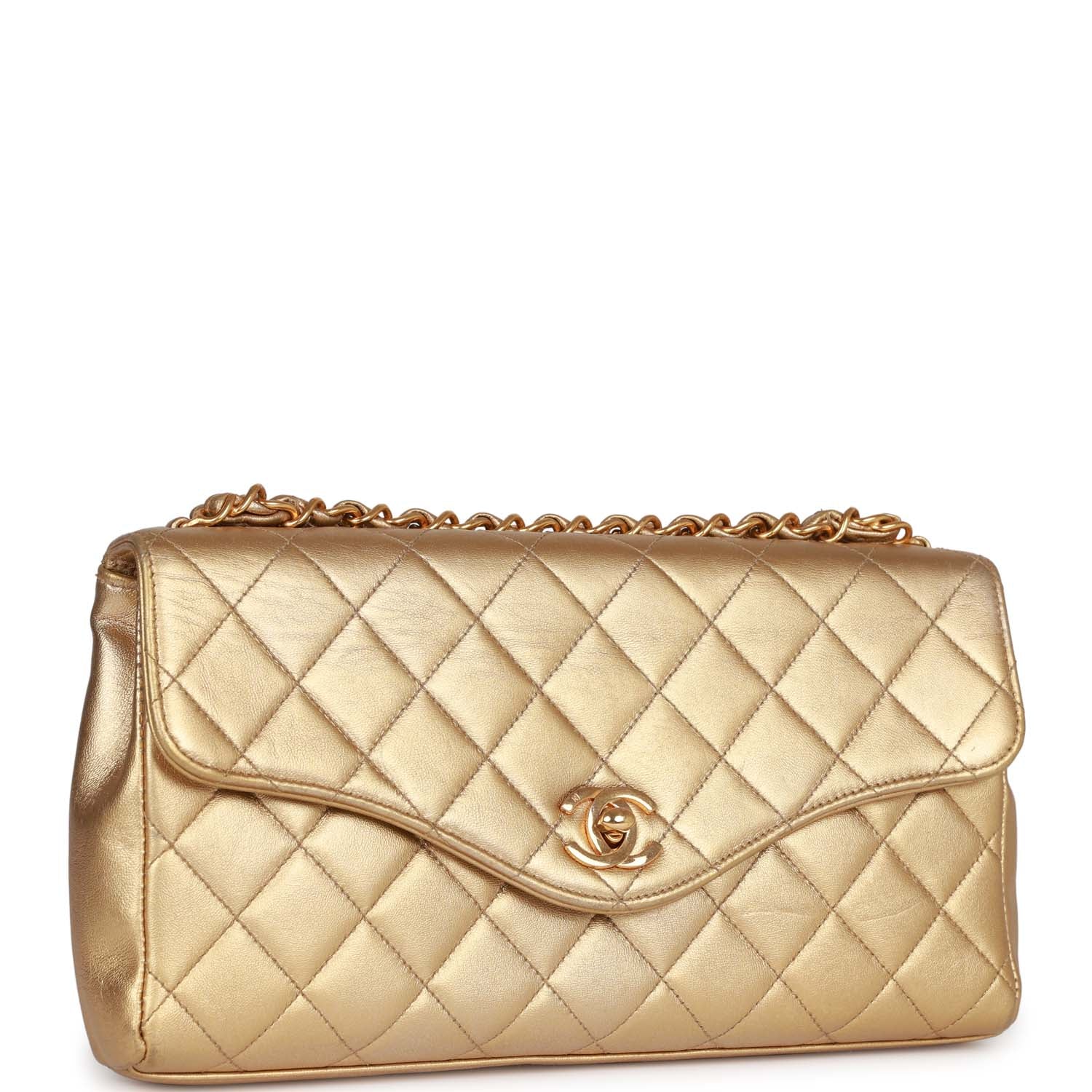 Vintage Chanel Clutch Flap Bag with Handle Gold Metallic Lambskin Gold