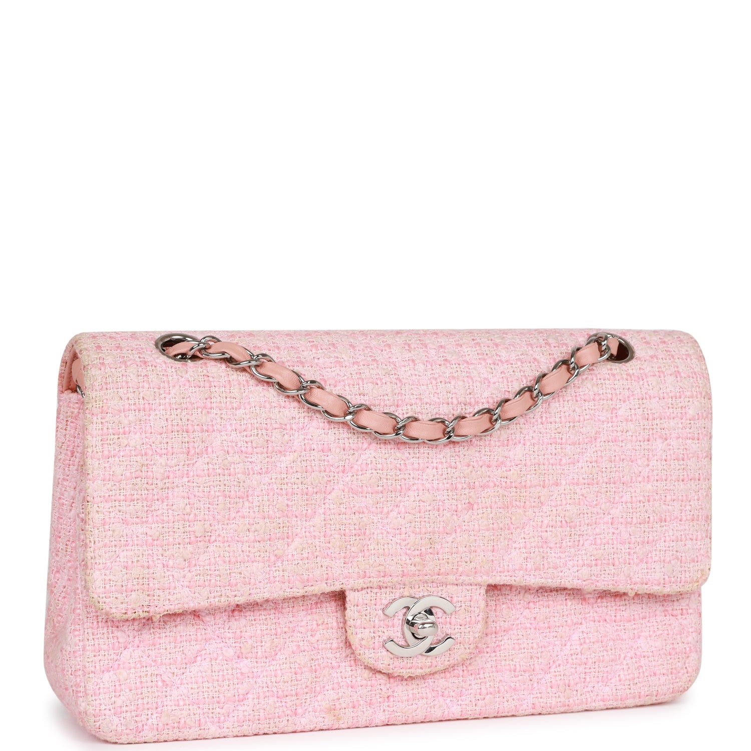 Vintage Chanel Medium Classic Double Flap Bag Pink Tweed Silver Hardwa