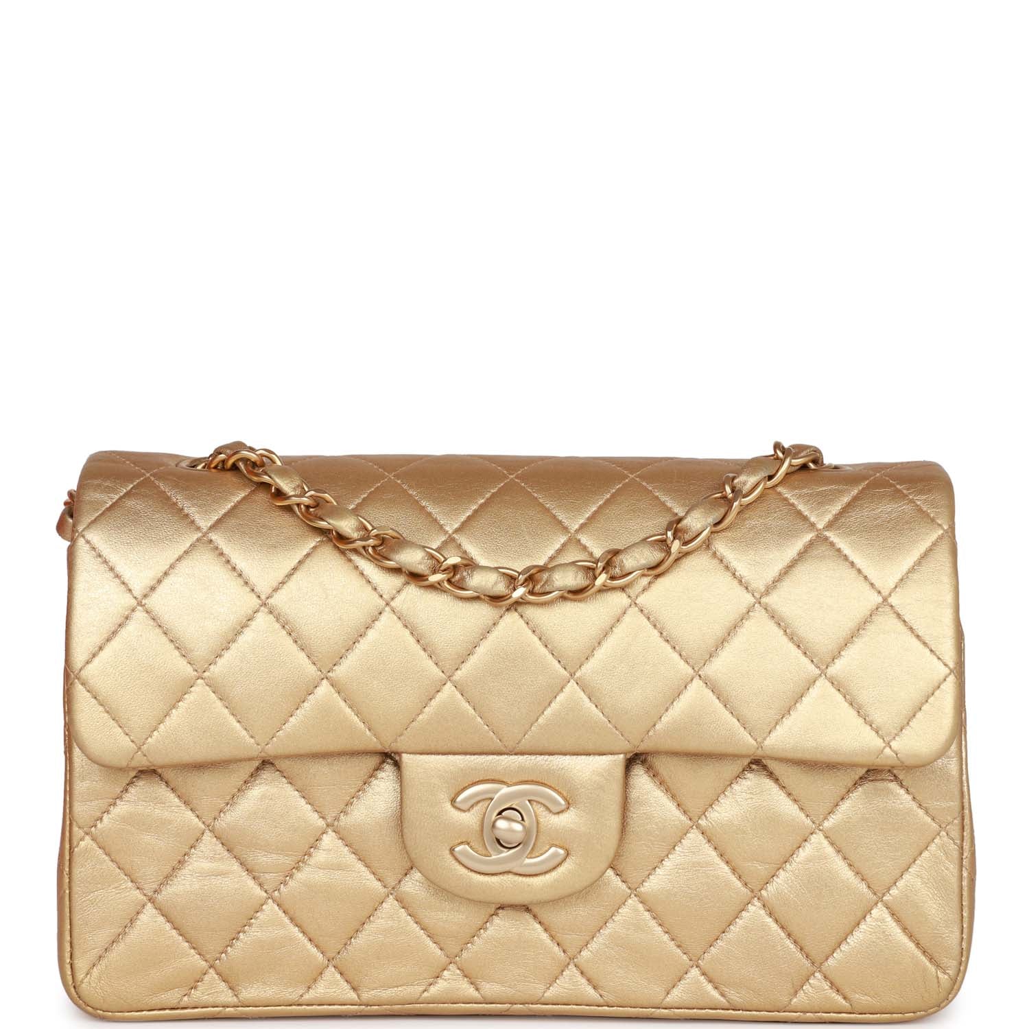 Vintage Chanel Small Classic Double Flap Bag Gold Metallic Lambskin Go