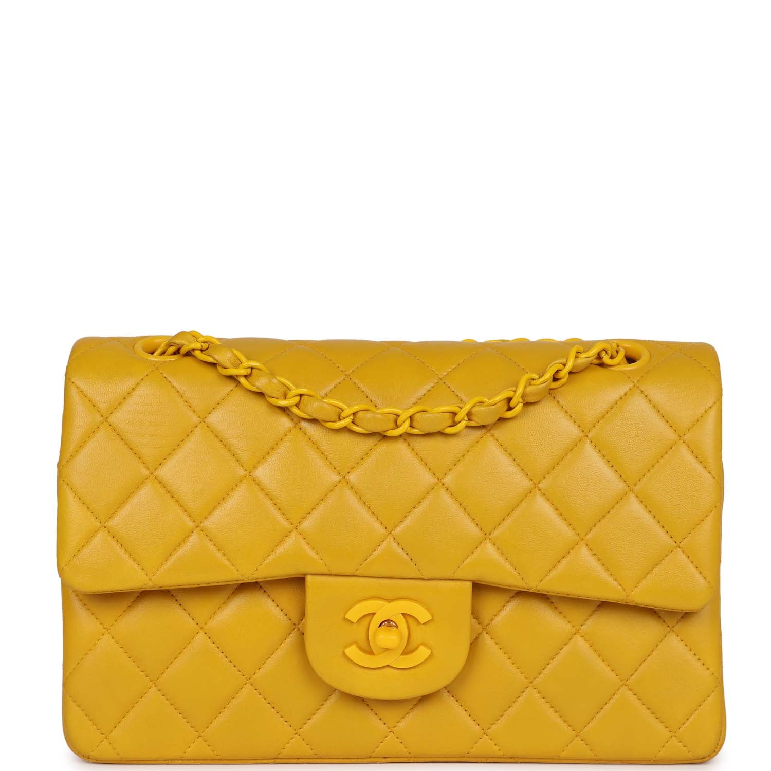 Chanel Vintage Yellow Lambskin Small Classic Double Flap Yellow Hardware