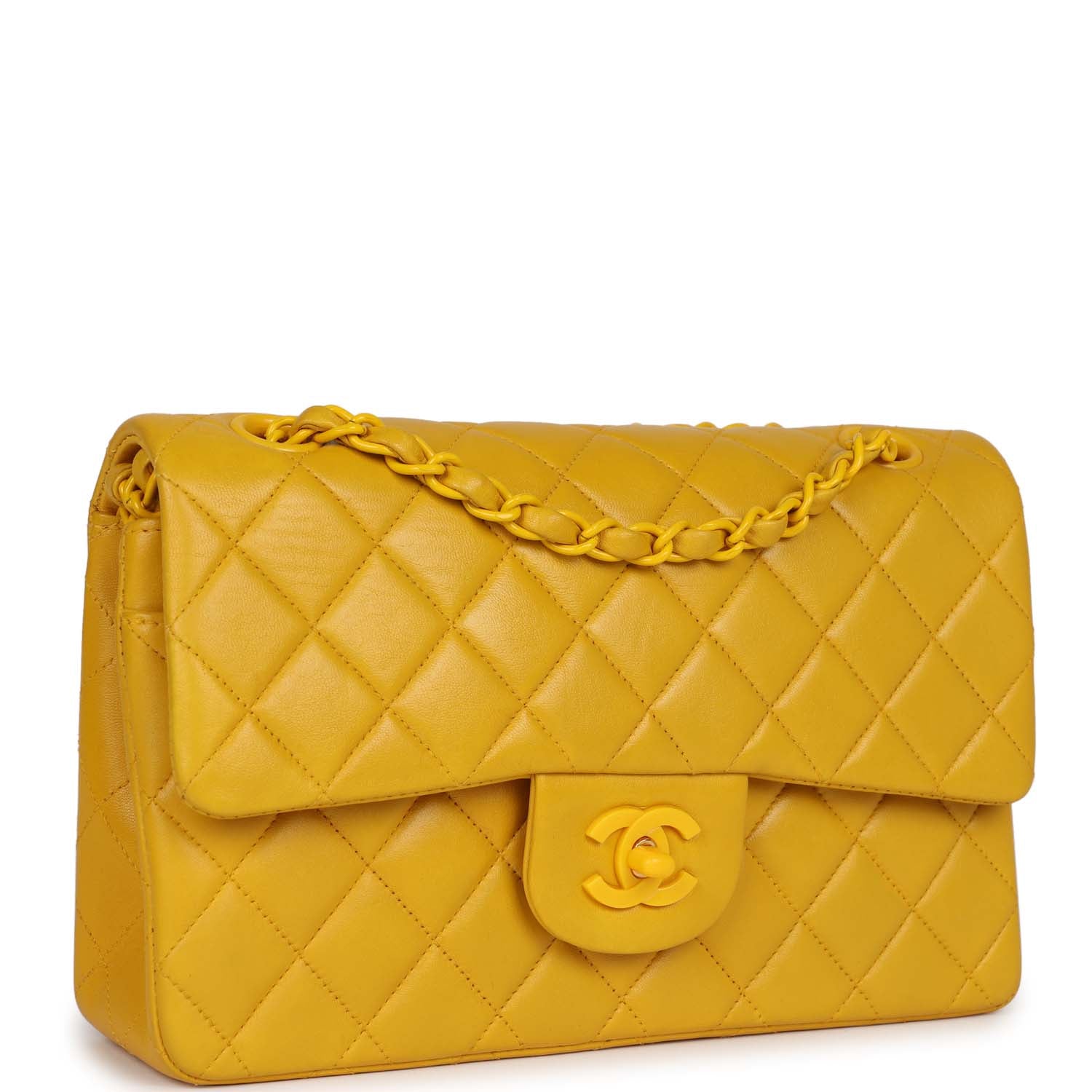 Chanel Vintage Yellow Lambskin Small Classic Double Flap Yellow Hardware