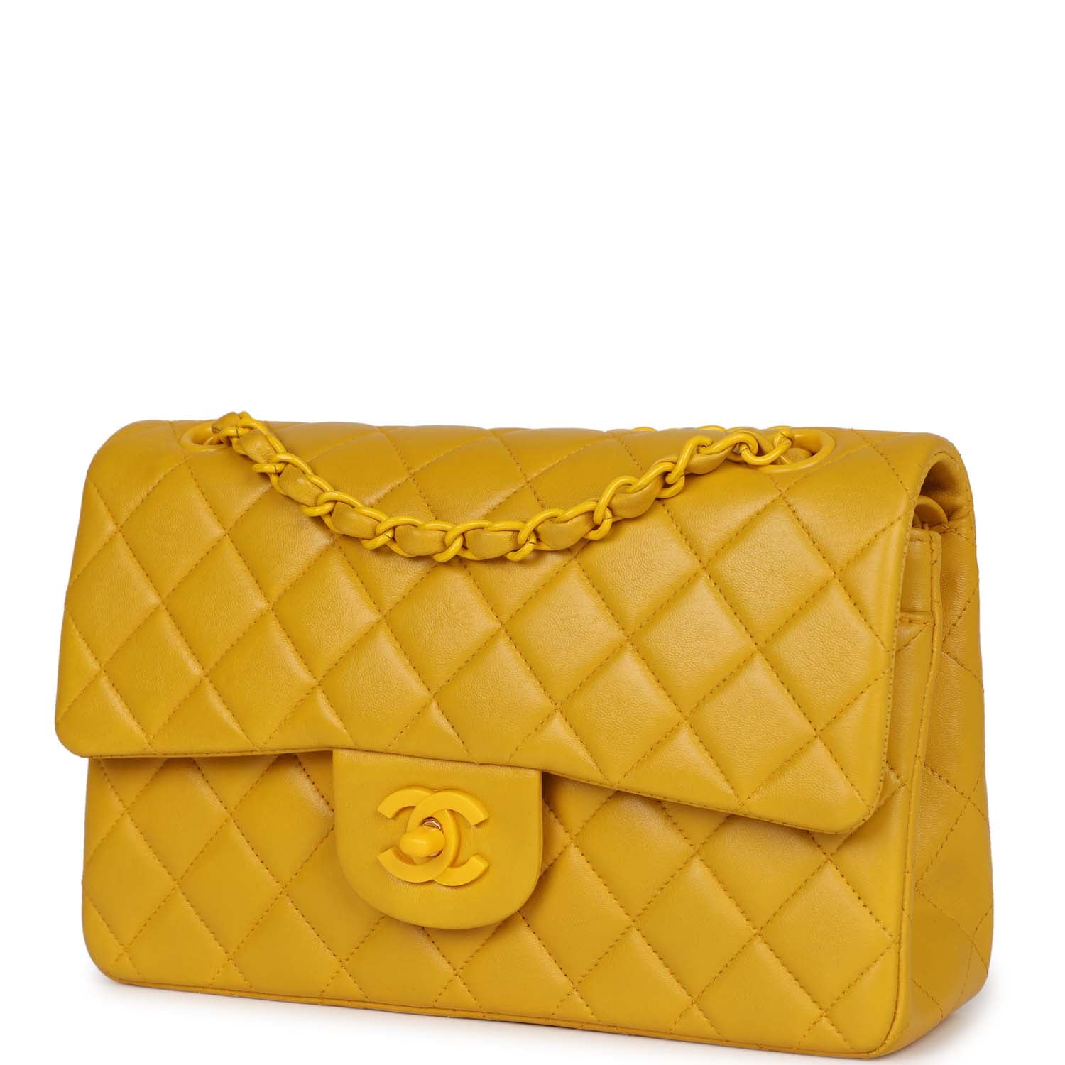 Chanel Vintage Yellow Lambskin Small Classic Double Flap Yellow Hardware
