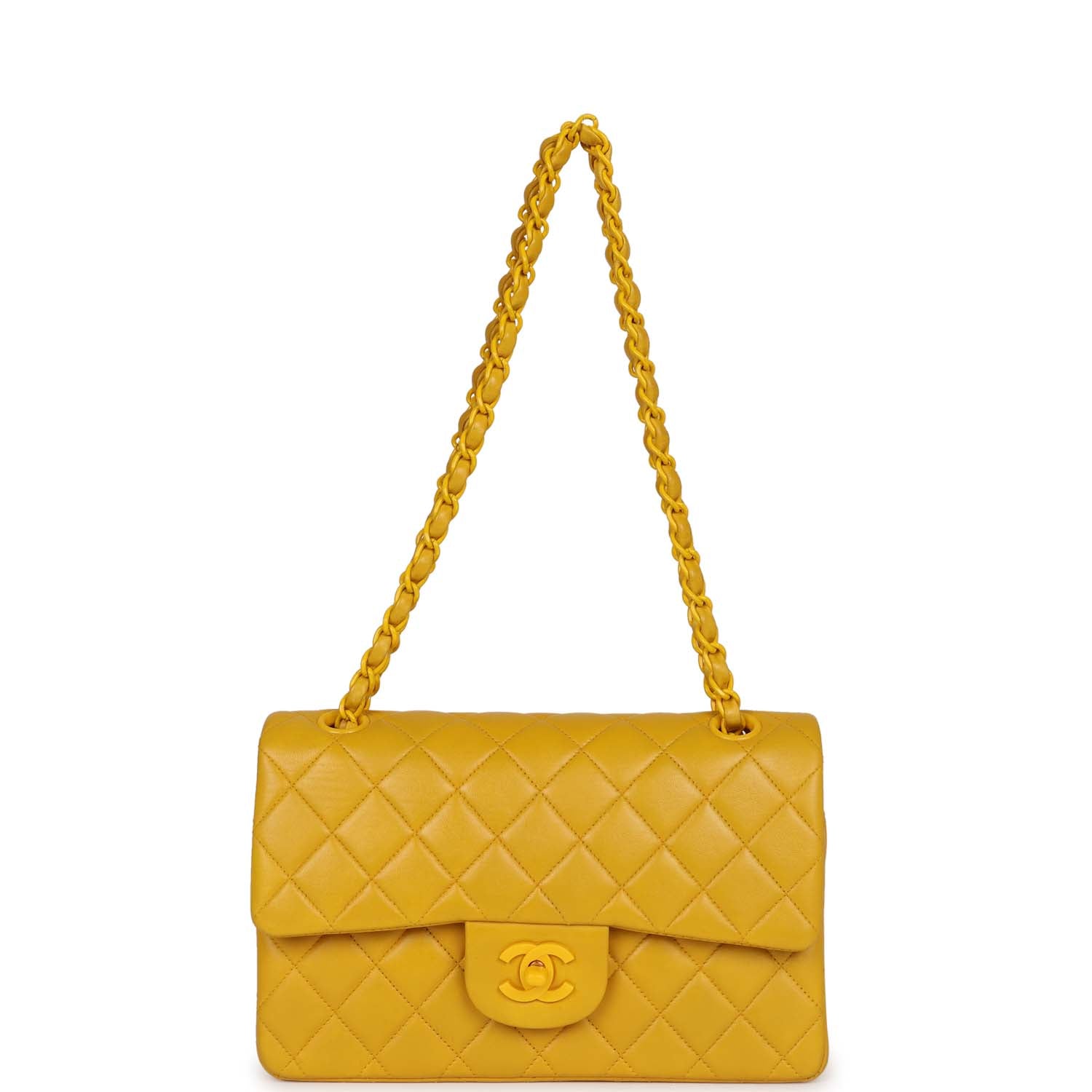 Chanel Vintage Yellow Lambskin Small Classic Double Flap Yellow Hardware