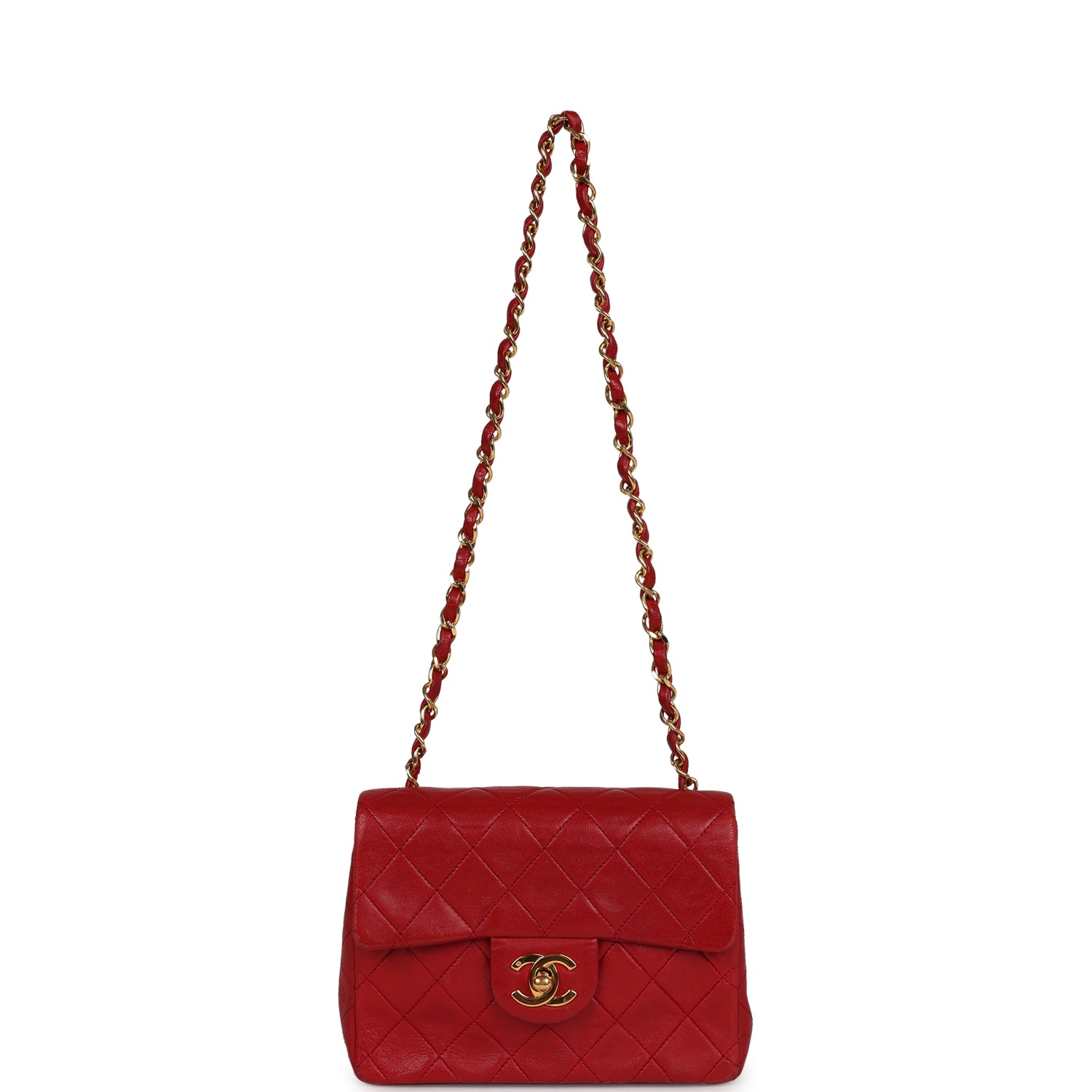 Vintage Chanel Mini Square Flap Red Lambskin Gold Hardware