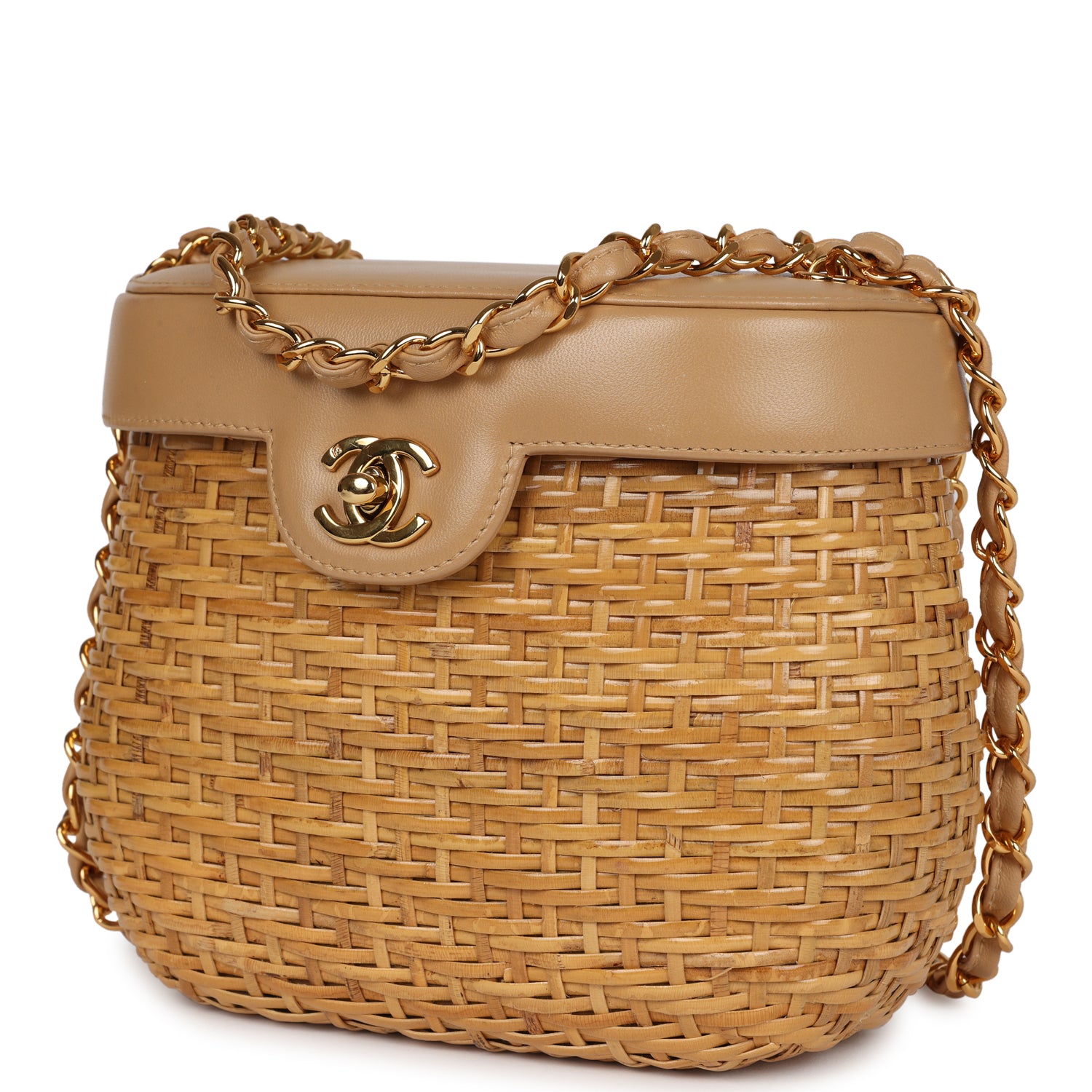 Vintage Chanel Basket Bag Beige Lambskin and Rattan Wicker Gold Hardwa