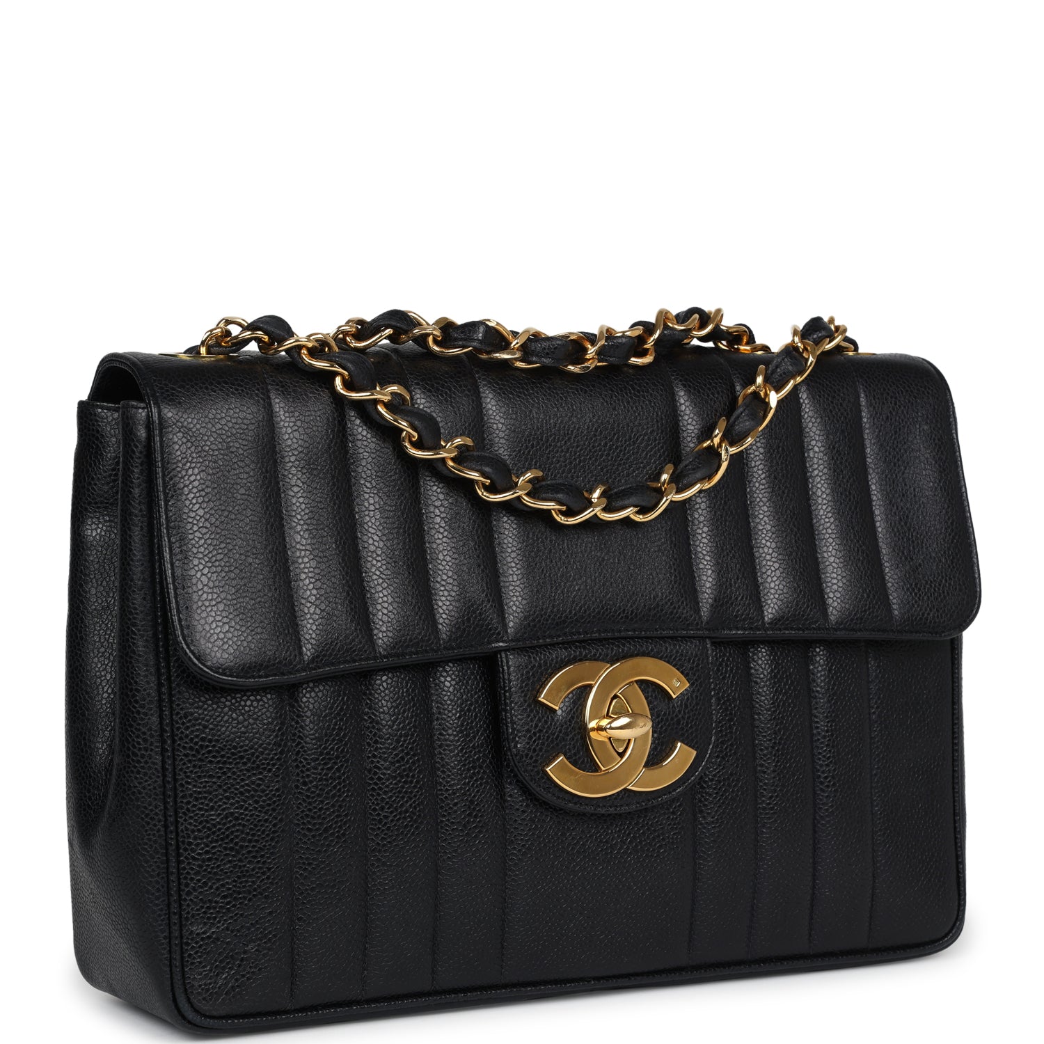 Vintage Chanel XL Jumbo Classic Mademoiselle Vertical Flap Black Cavia