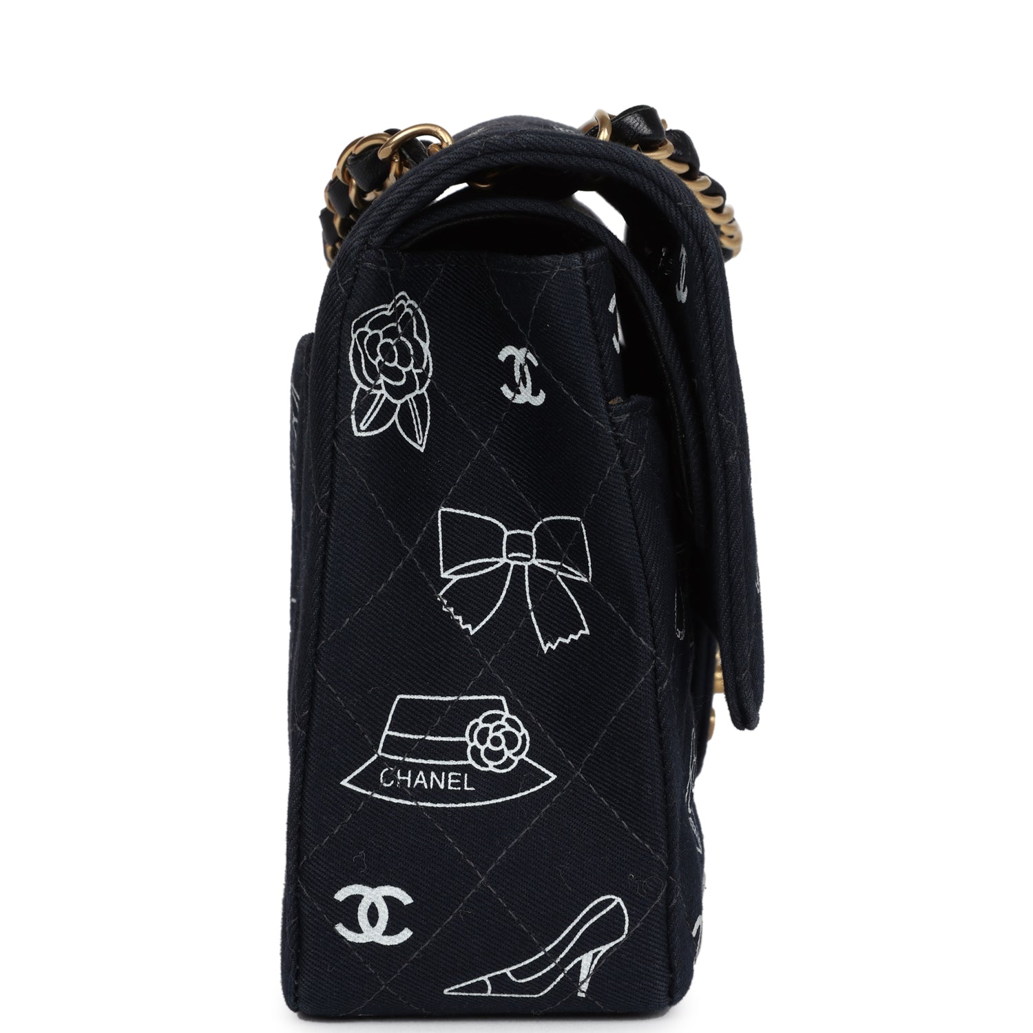 Vintage Chanel Medium Icon Print Double Flap Bag Navy Canvas Brushed G