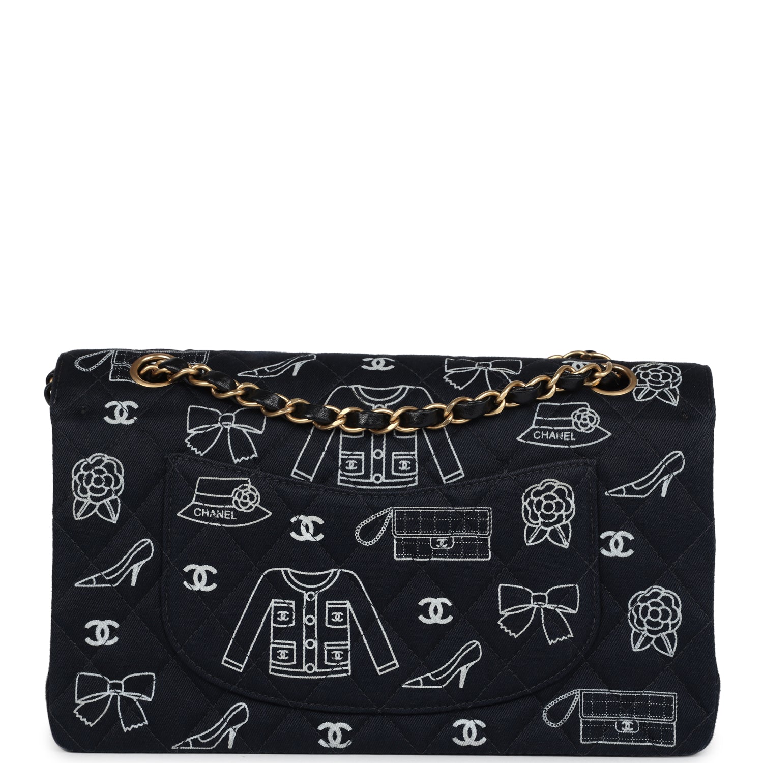 Vintage Chanel Medium Icon Print Double Flap Bag Navy Canvas Brushed G