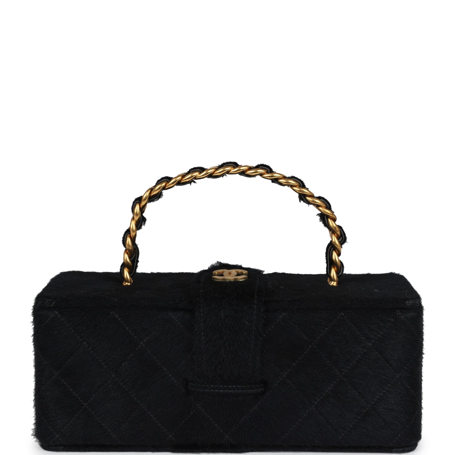 Vintage Chanel Rectangular Vanity Box Black Pony Hair Antique Gold Har