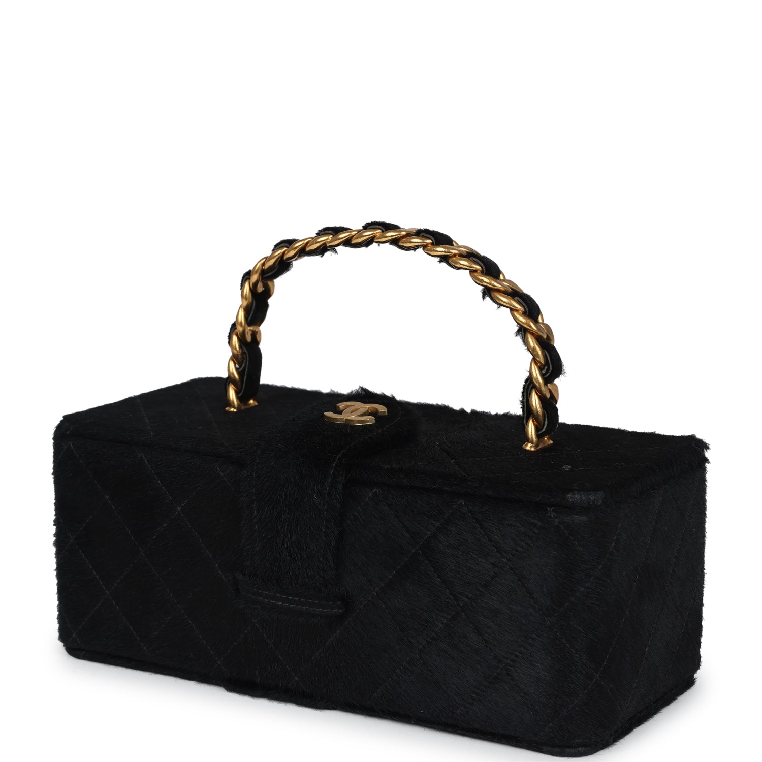 Vintage Chanel Rectangular Vanity Box Black Pony Hair Antique Gold Har