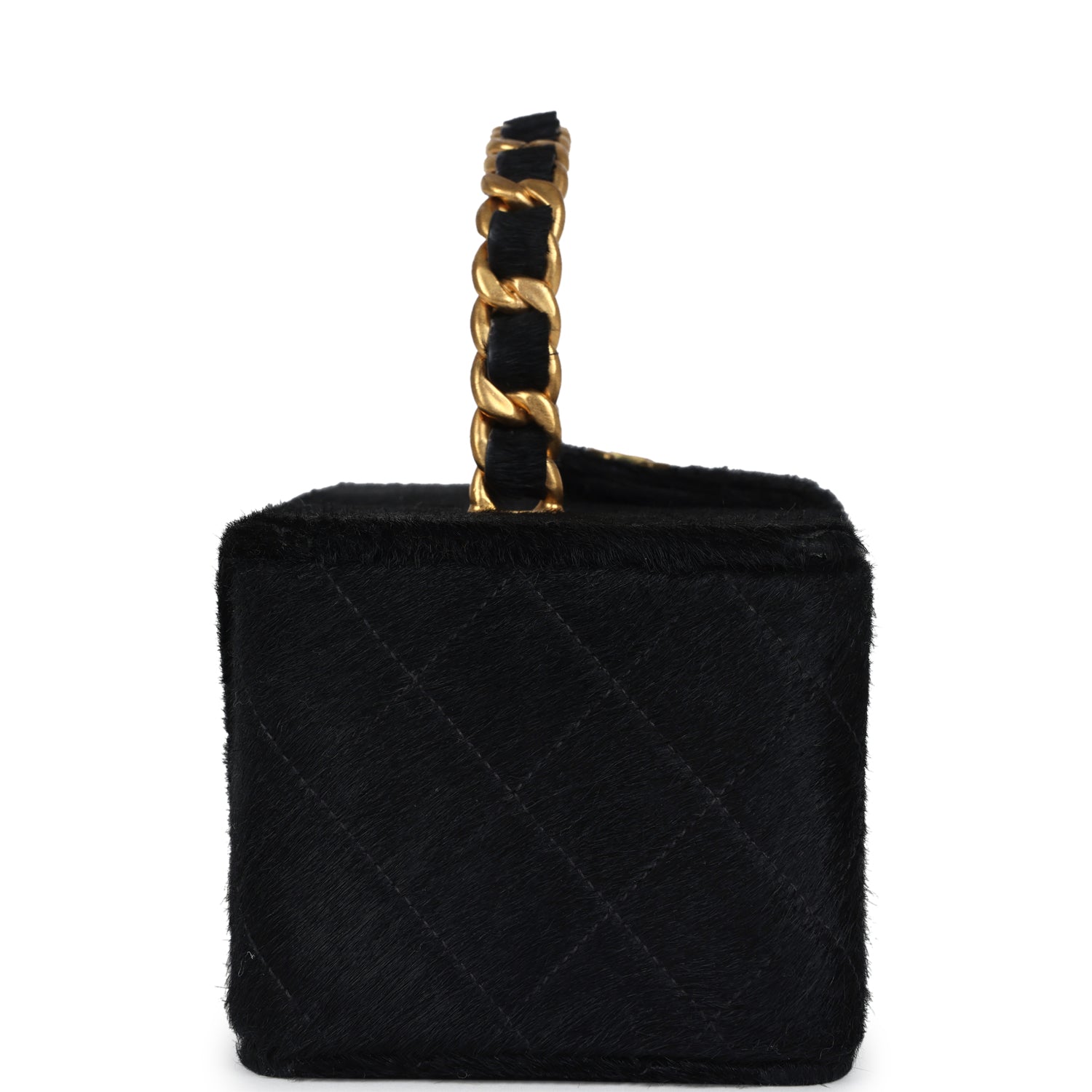 Vintage Chanel Rectangular Vanity Box Black Pony Hair Antique Gold Har