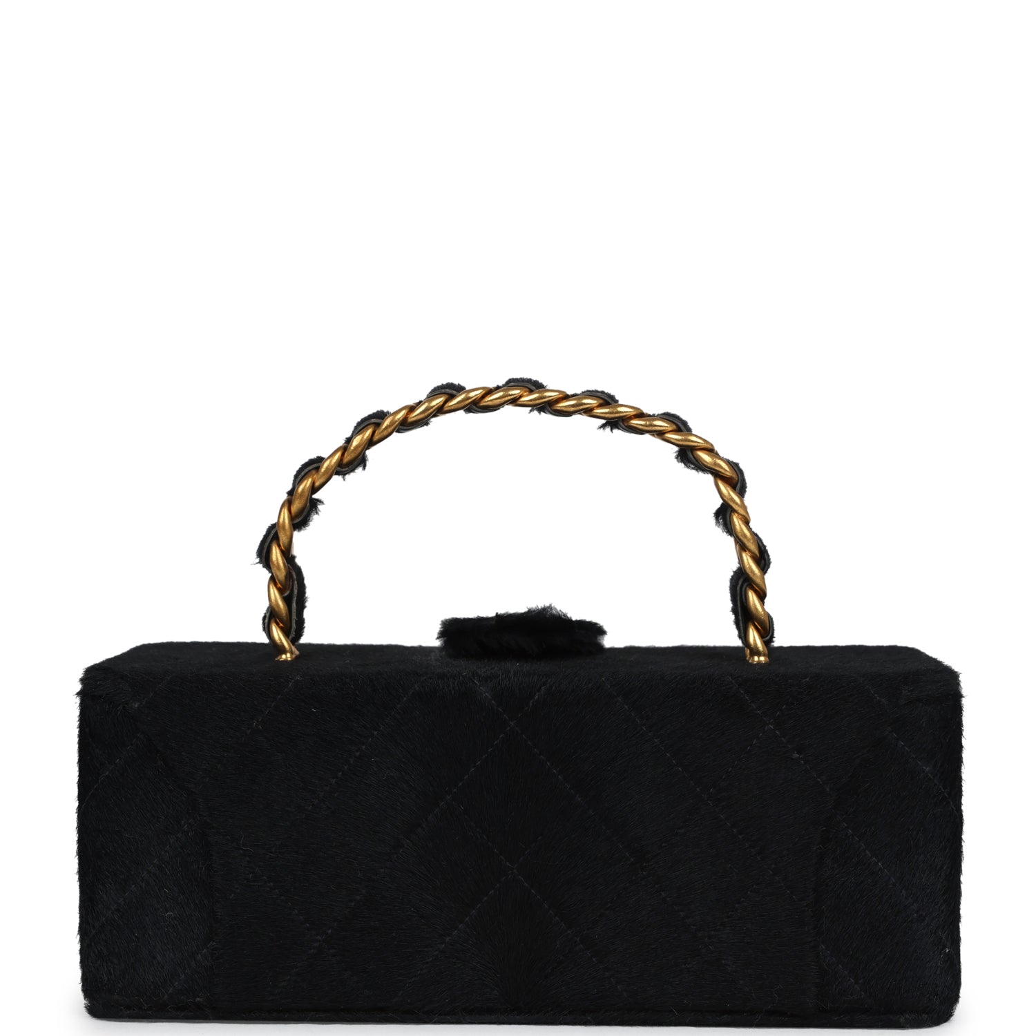 Vintage Chanel Rectangular Vanity Box Black Pony Hair Antique Gold Har