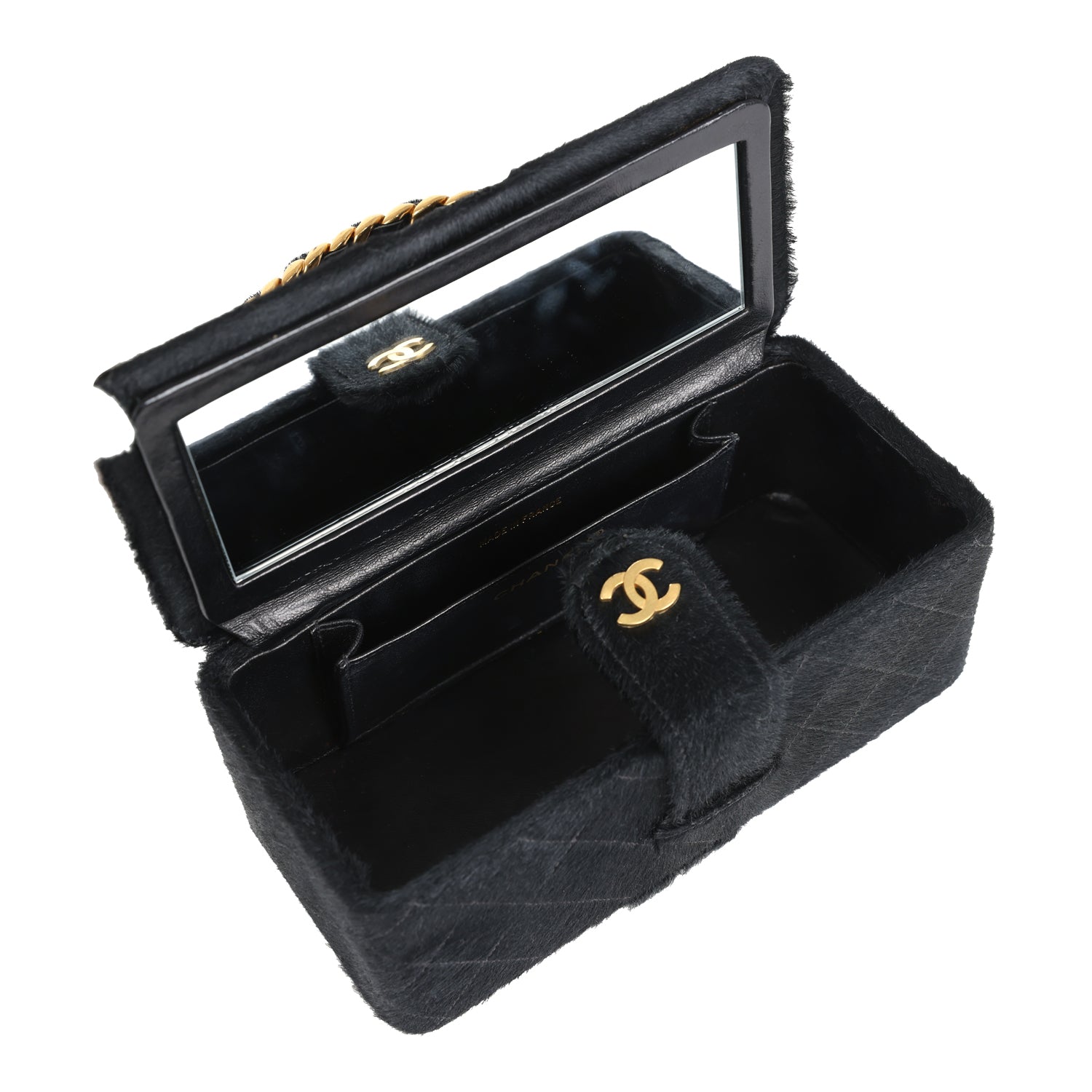 Vintage Chanel Rectangular Vanity Box Black Pony Hair Antique Gold Har