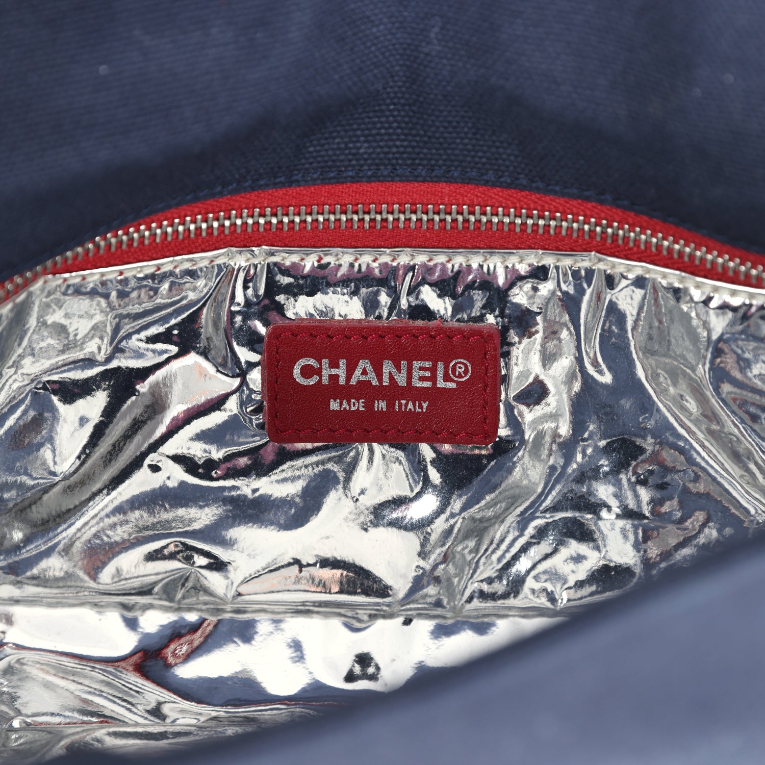 Vintage Chanel N0.5 Chain Shoulder Bag Navy, Silver, Red Canvas Silver