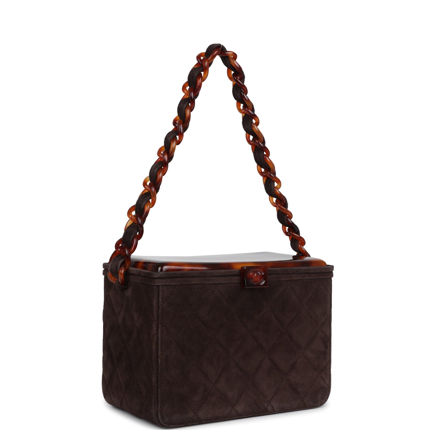 Vintage Chanel Vanity Box Bag Brown Suede and Tortoiseshell Bakelite H