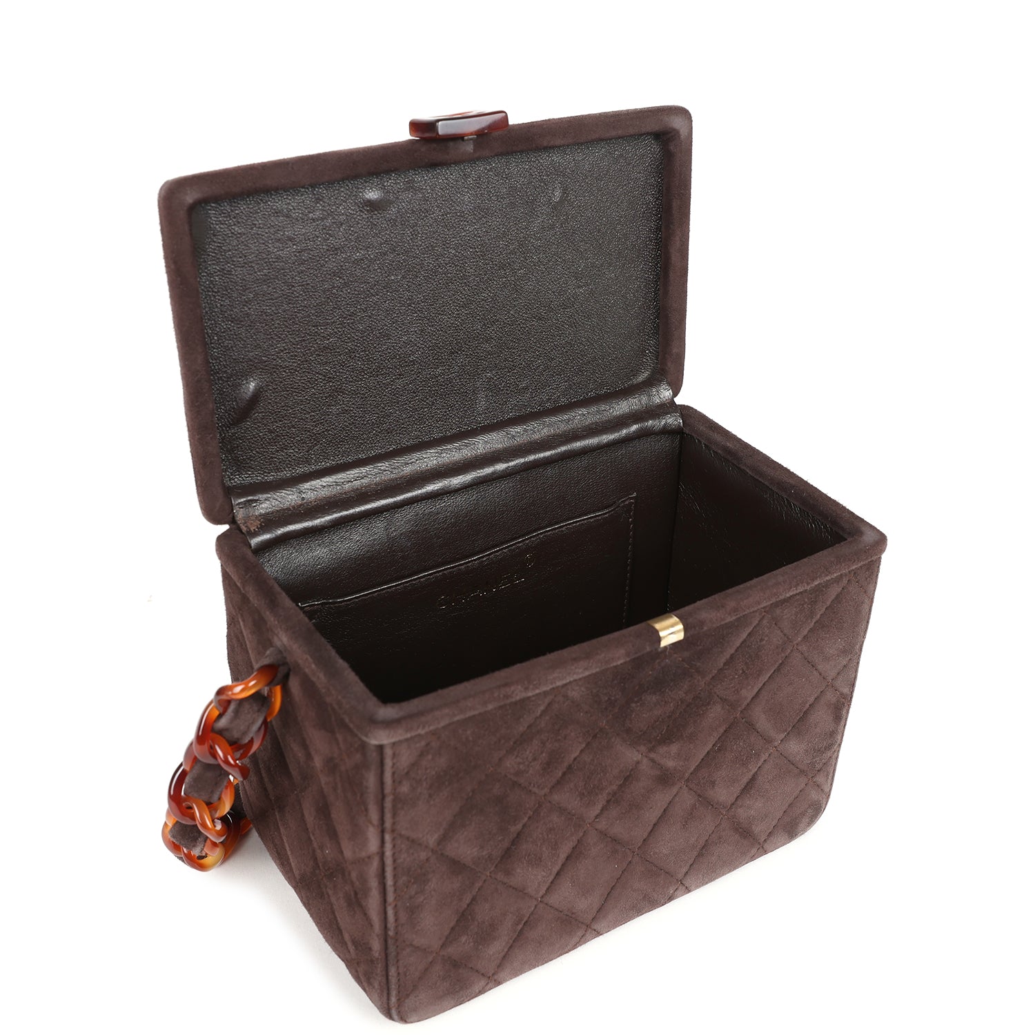 Vintage Chanel Vanity Box Bag Brown Suede and Tortoiseshell Bakelite H