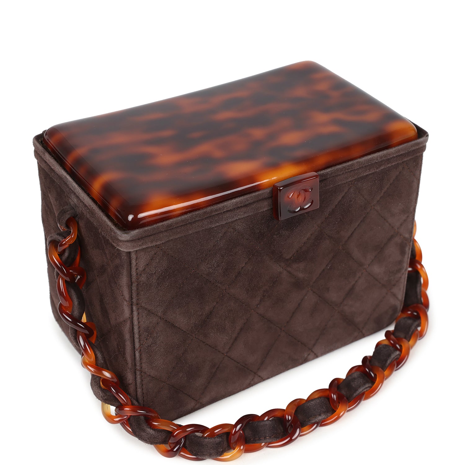 Vintage Chanel Vanity Box Bag Brown Suede and Tortoiseshell Bakelite H