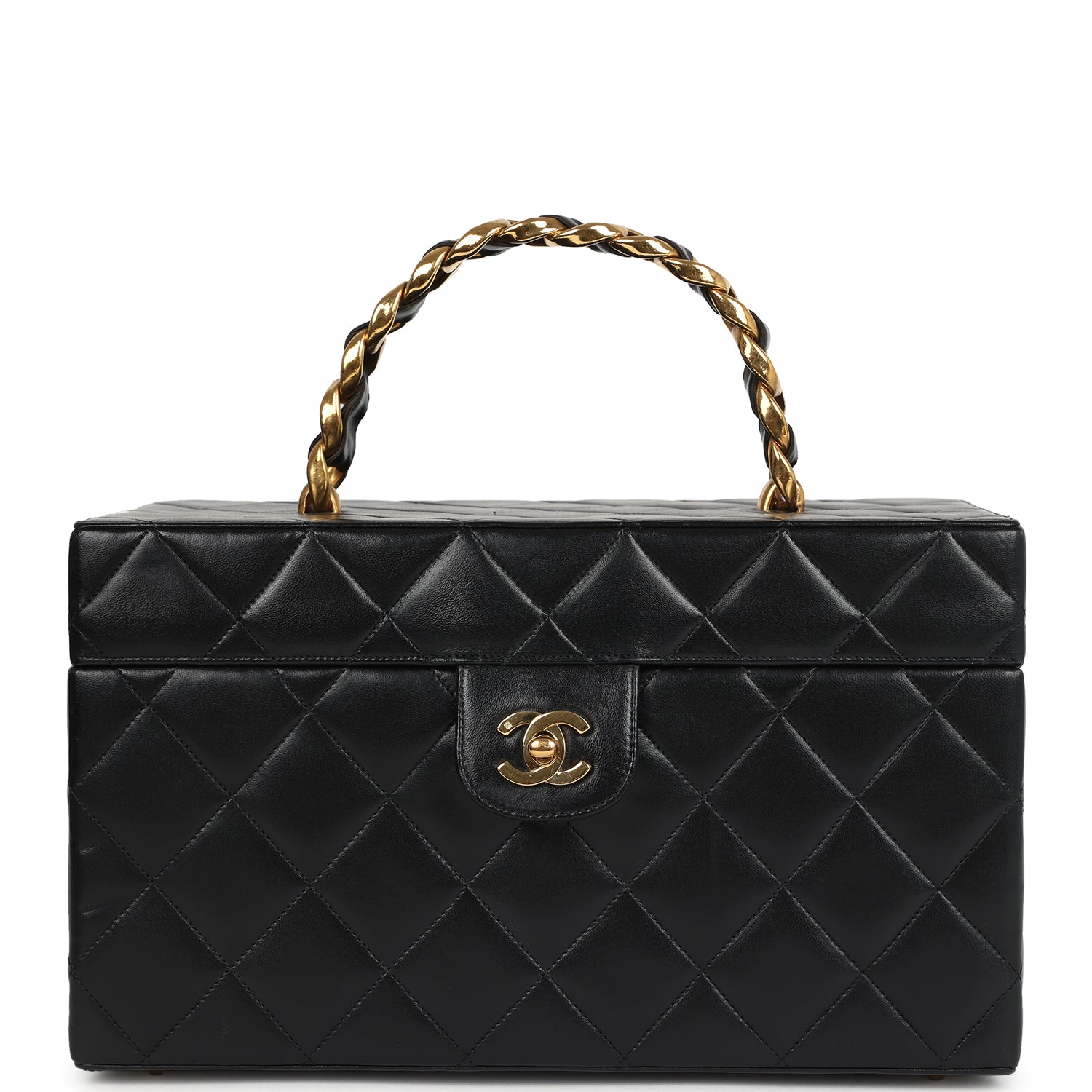 Vintage Chanel Large Rectangular Box Vanity Black Lambskin Gold Hardwa