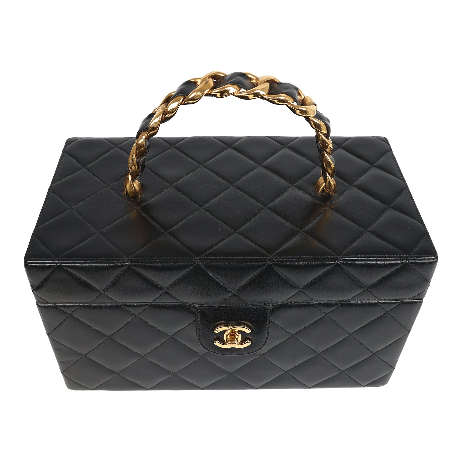 Vintage Chanel Large Rectangular Box Vanity Black Lambskin Gold Hardwa