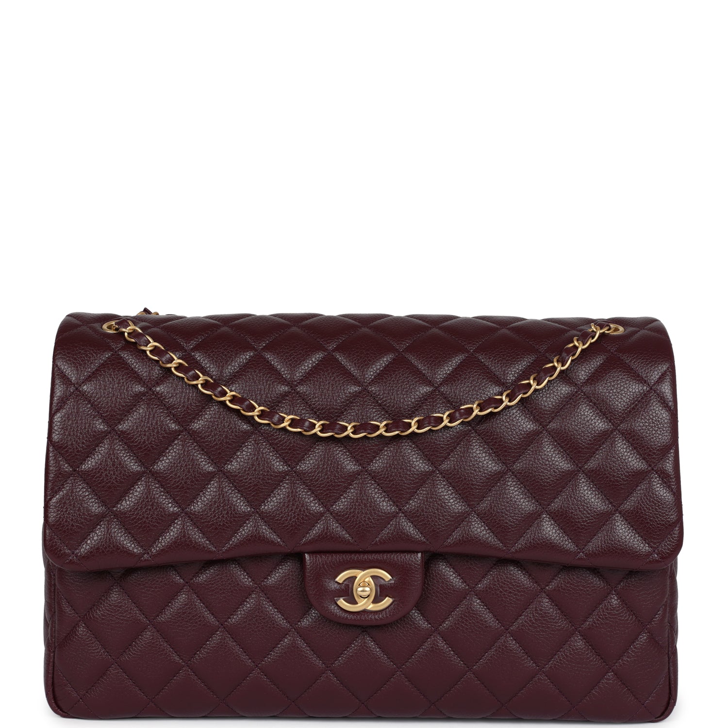 Chanel XXL Classic Single Flap Bag Burgundy Shiny Caviar Antique Gold