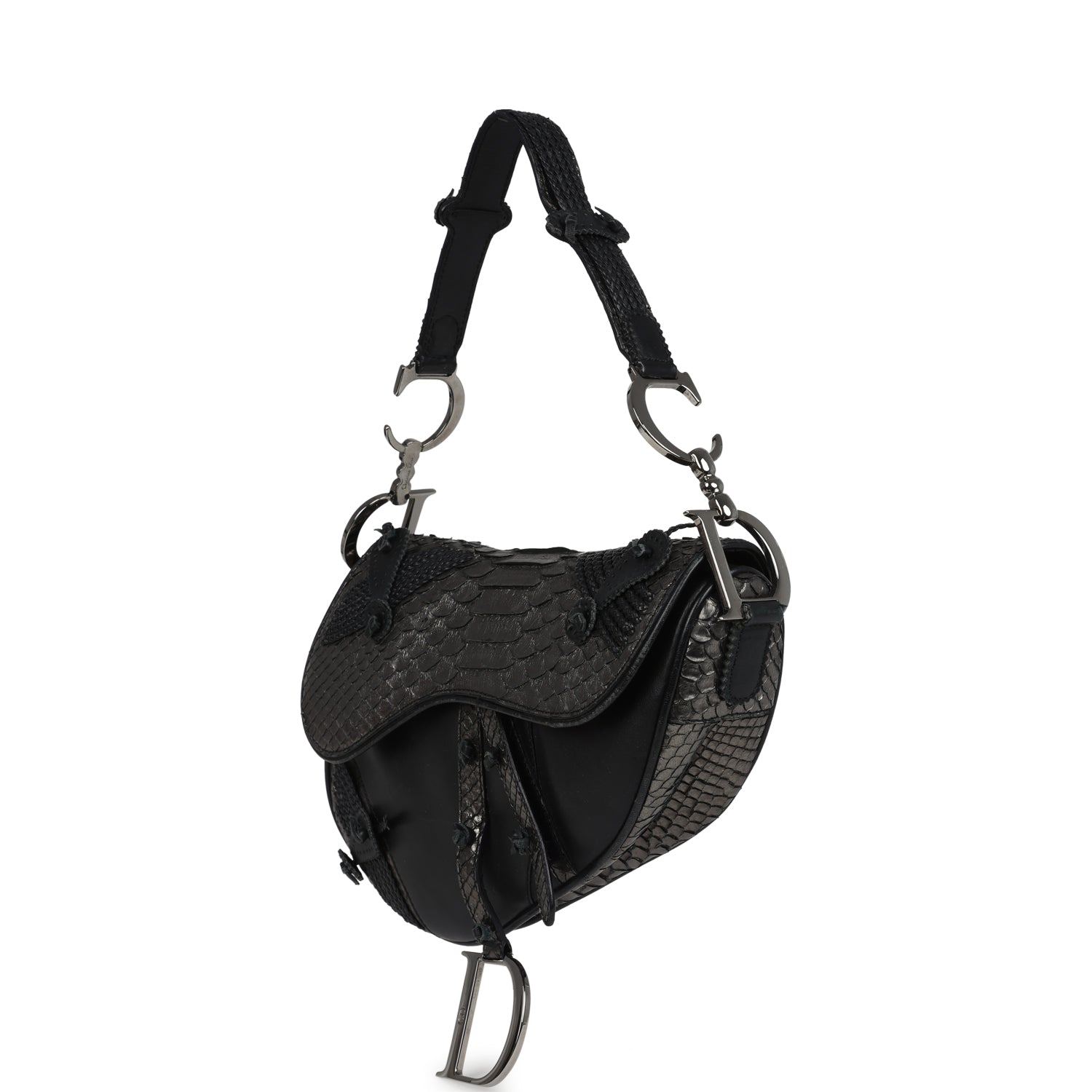 Vintage Christian Dior Saddle Bag Gunmetal Python and Black Leather Si