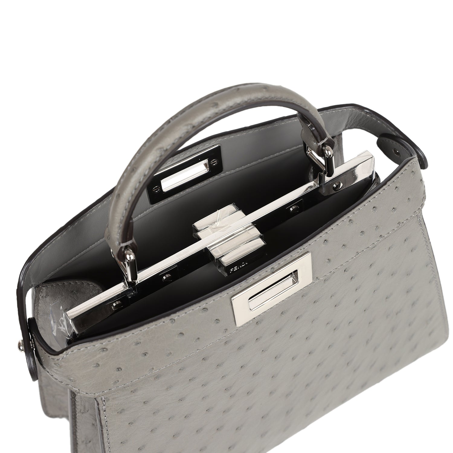 Fendi Small Peekaboo ISeeU Handbag Dark Grey Ostrich Silver Hardware