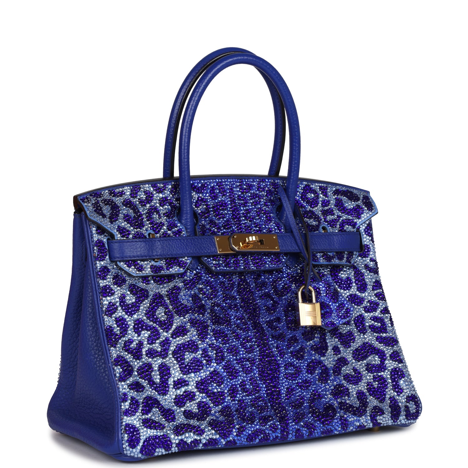 Custom Leopard Swarovski Crystal Hermes Birkin 30 Bleu Electric Togo G
