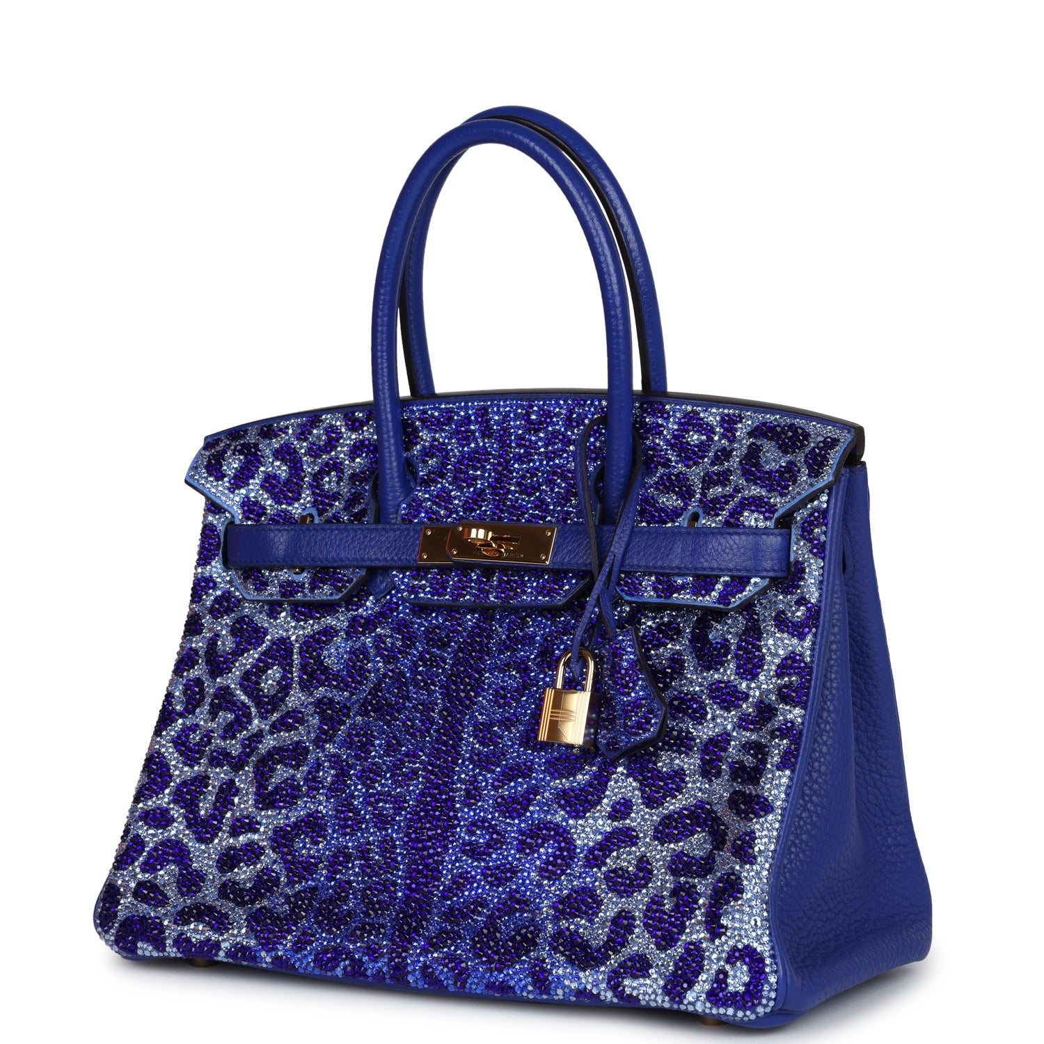 Custom Leopard Swarovski Crystal Hermes Birkin 30 Bleu Electric Togo G