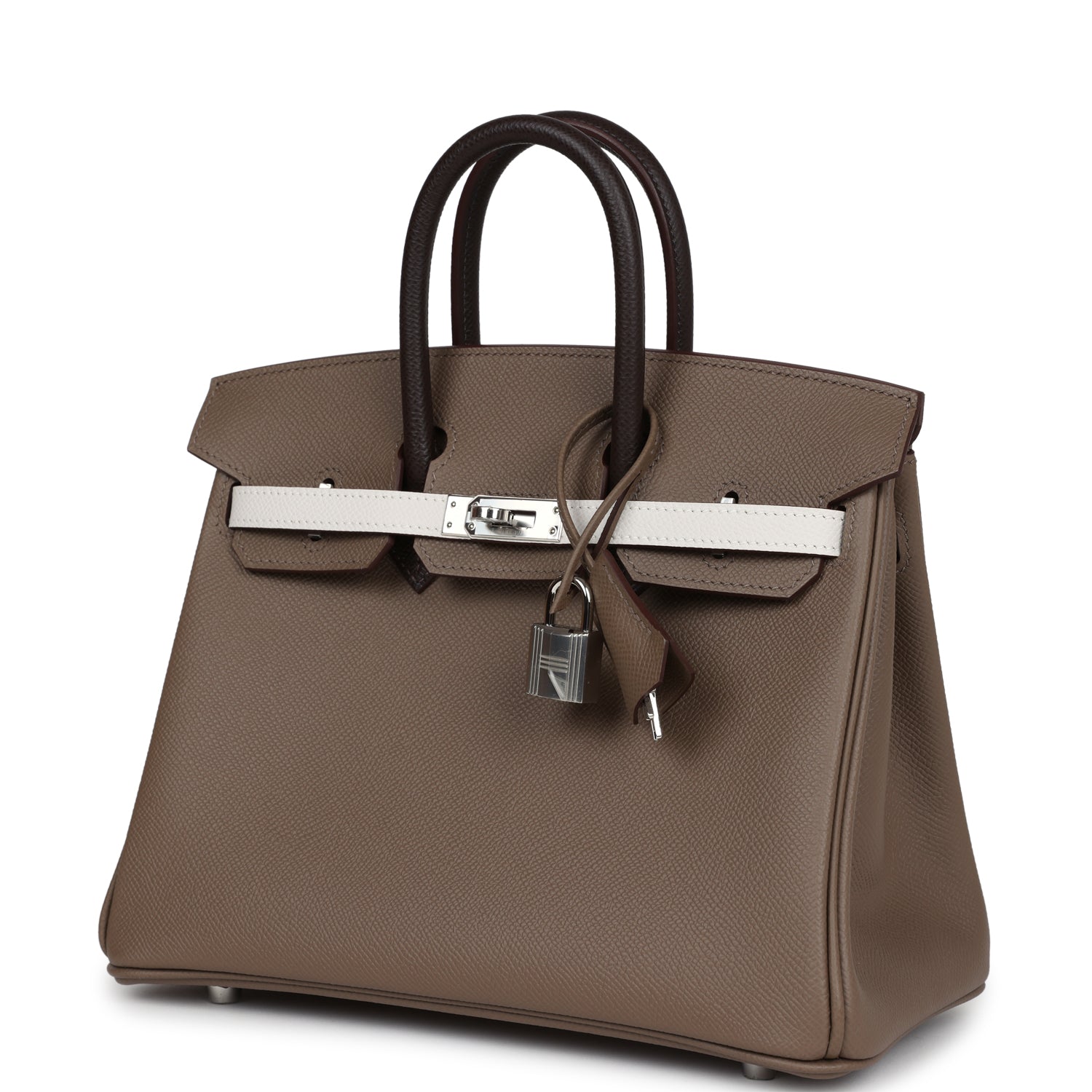 Hermes Birkin 25 Tri-color Etoupe, Ebene and Gris Pale Epsom Palladium