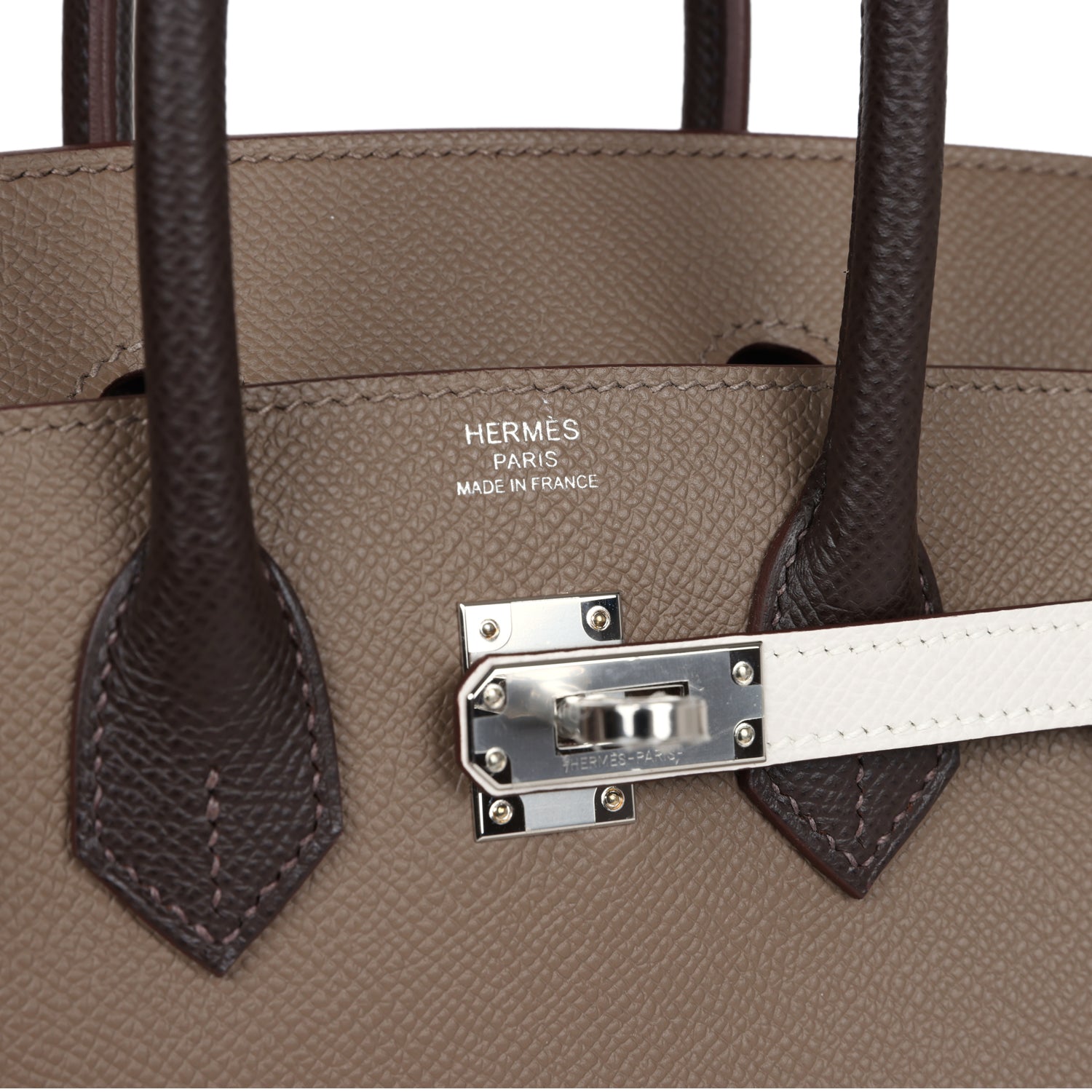 Hermes Birkin 25 Tri-color Etoupe, Ebene and Gris Pale Epsom Palladium