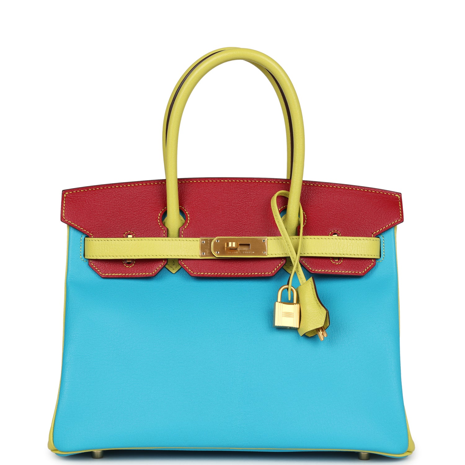 Hermes Special Order (HSS) Tri-color Birkin 30 Bleu Aztec, Soufre and