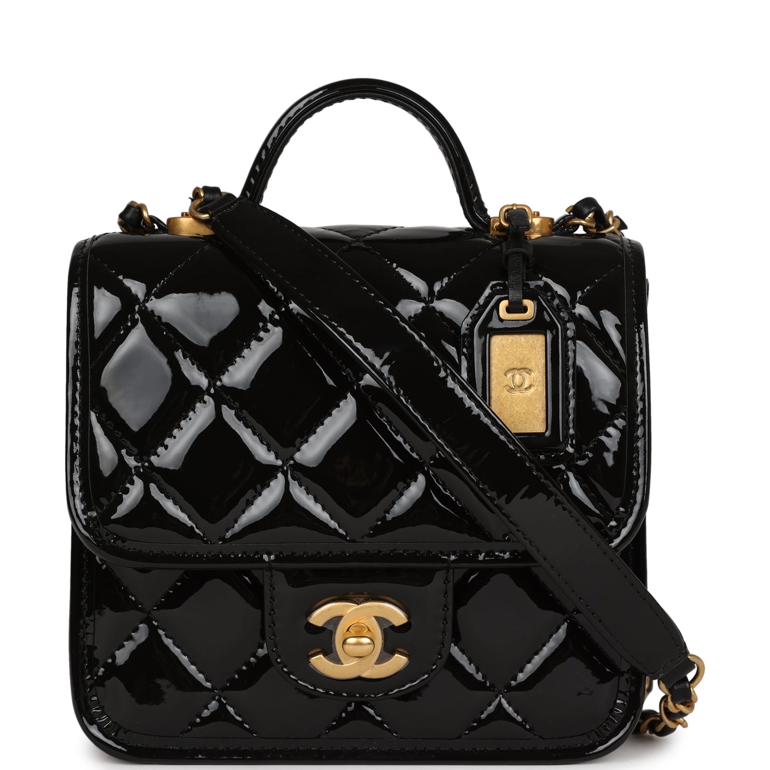 Chanel School Memory Square Top Handle Flap Bag Black Patent Leather A