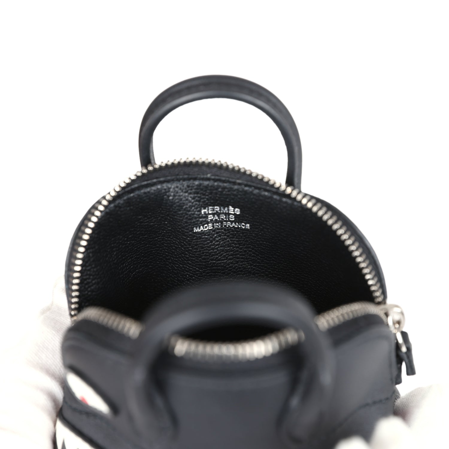 Hermes Mini Bolide Shark Bag Charm Black and White Swift Palladium Har