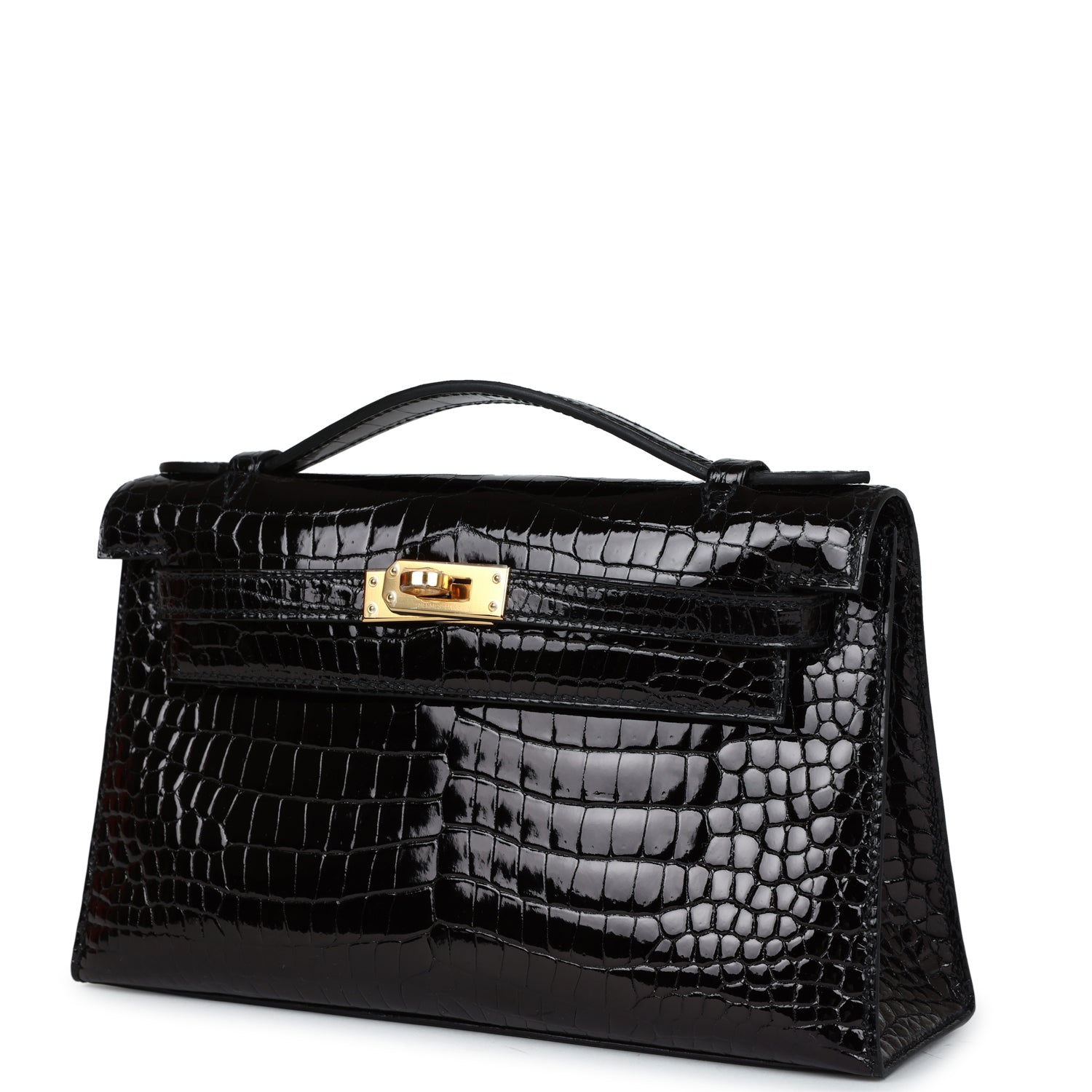 Hermes Kelly Pochette Black Shiny Porosus Crocodile Gold Hardware ...