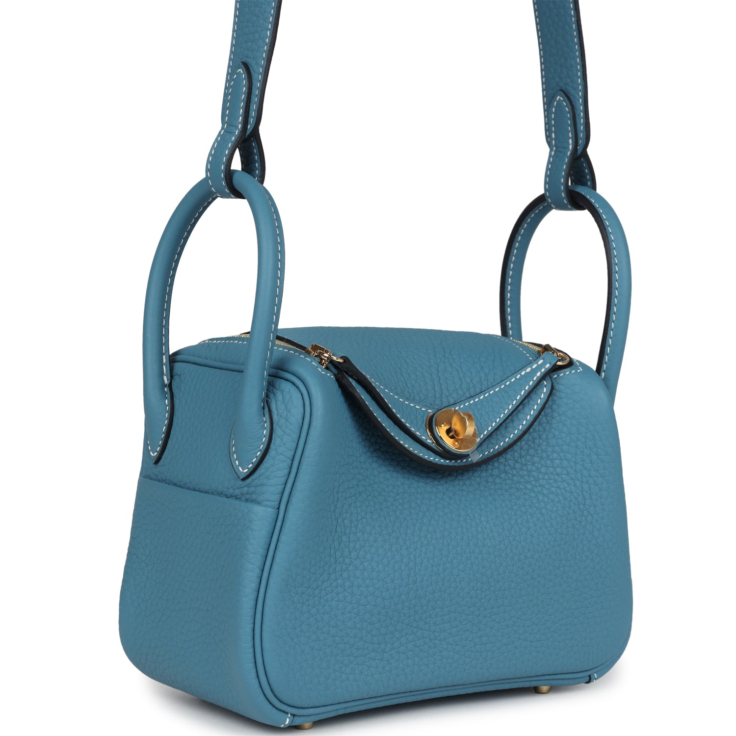 Hermes Mini Lindy Blue Jean Clemence Gold Hardware