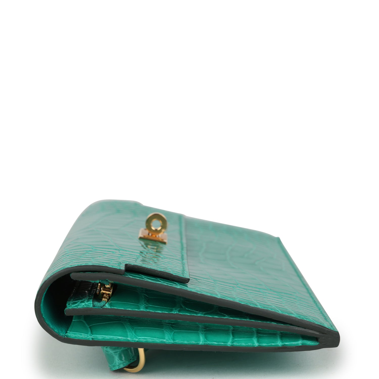 Hermes Kelly Pocket Long Wallet Vert Jade Shiny Alligator Gold Hardwar