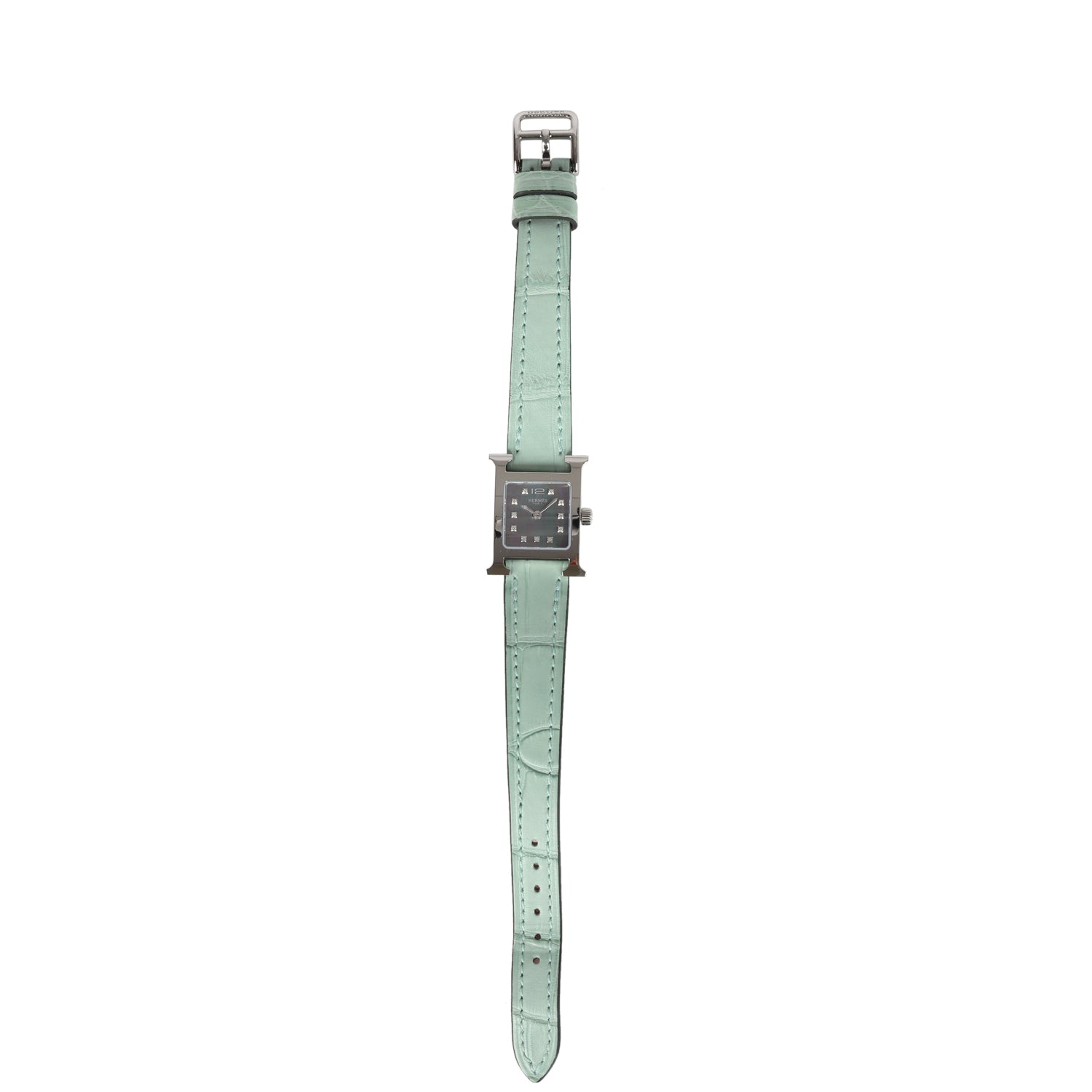 Hermes Heure H Watch XS Vert D’Eau Matte Alligator Mother of Pearl & D