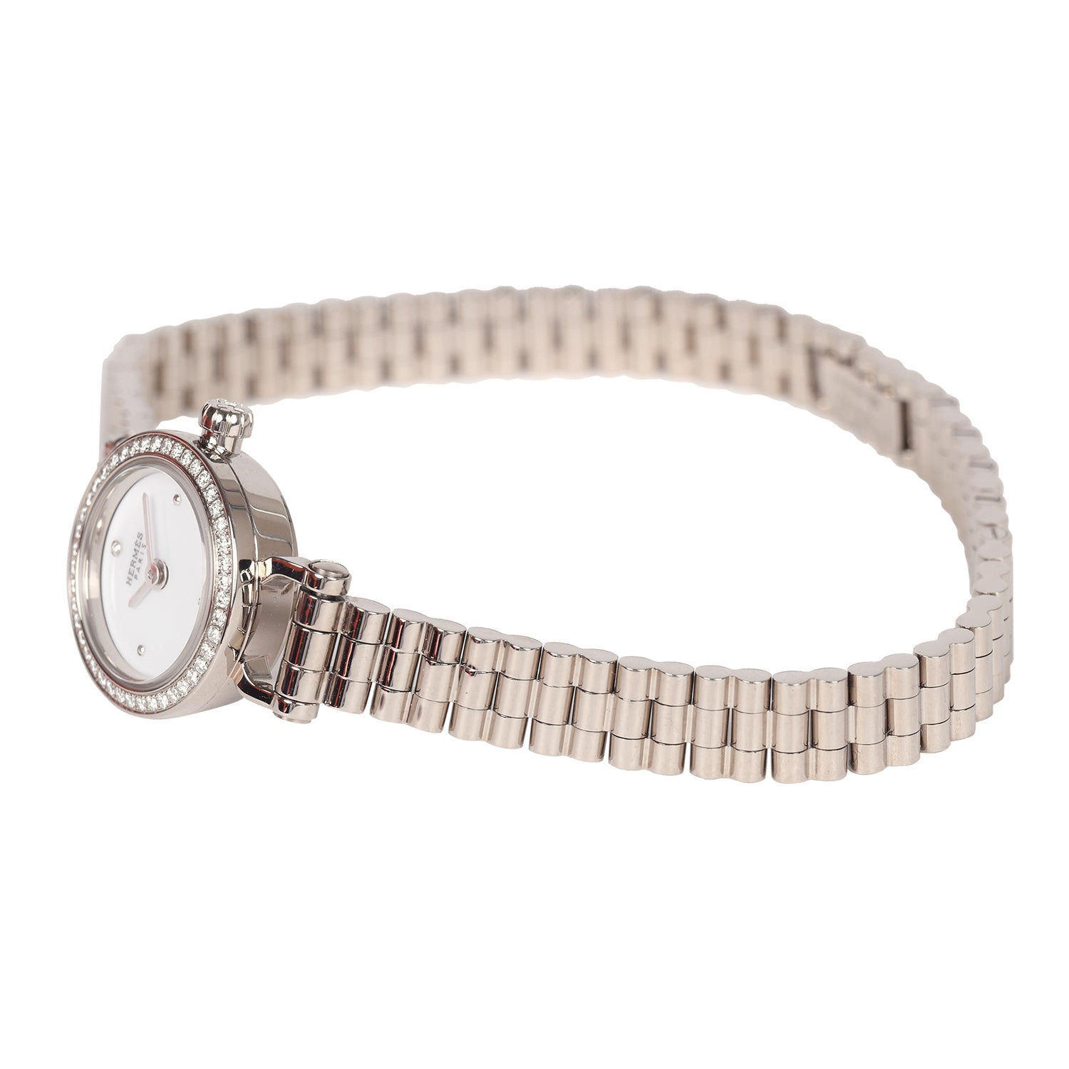 Hermes Faubourg Watch Mini White Lacquered 18K White Gold and Diamonds