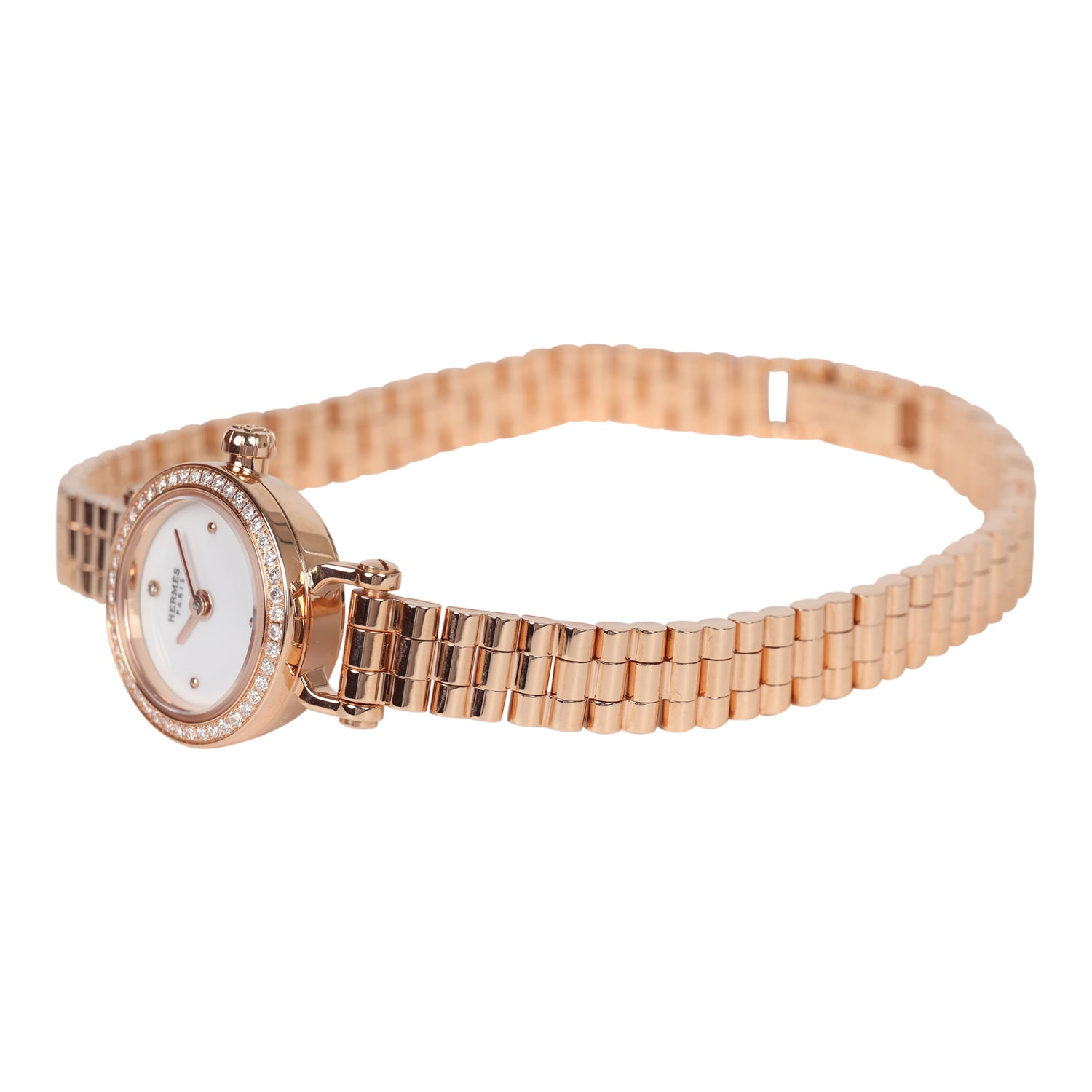 Hermes Faubourg Watch Mini White Lacquered 18K Rose Gold and Diamonds